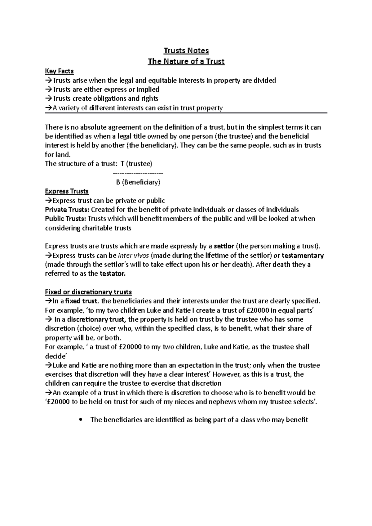 Trusts Notes 2 - most topics - Trusts Notes The Nature of a Trust Key ...