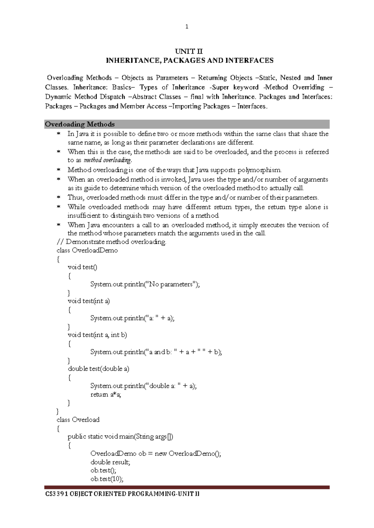 Unit Ii Notes Unit Ii Inheritance Packages And Interfaces Overloading Methods Objects As