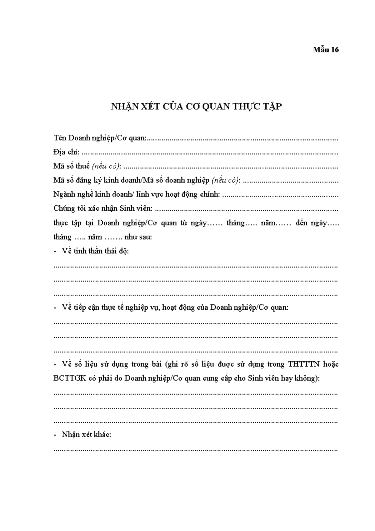 5.Máo«u Nhan xet cua CQ thuc tap(SV) - NHẬN XÉT CỦA CƠ QUAN THỰC TẬP ...