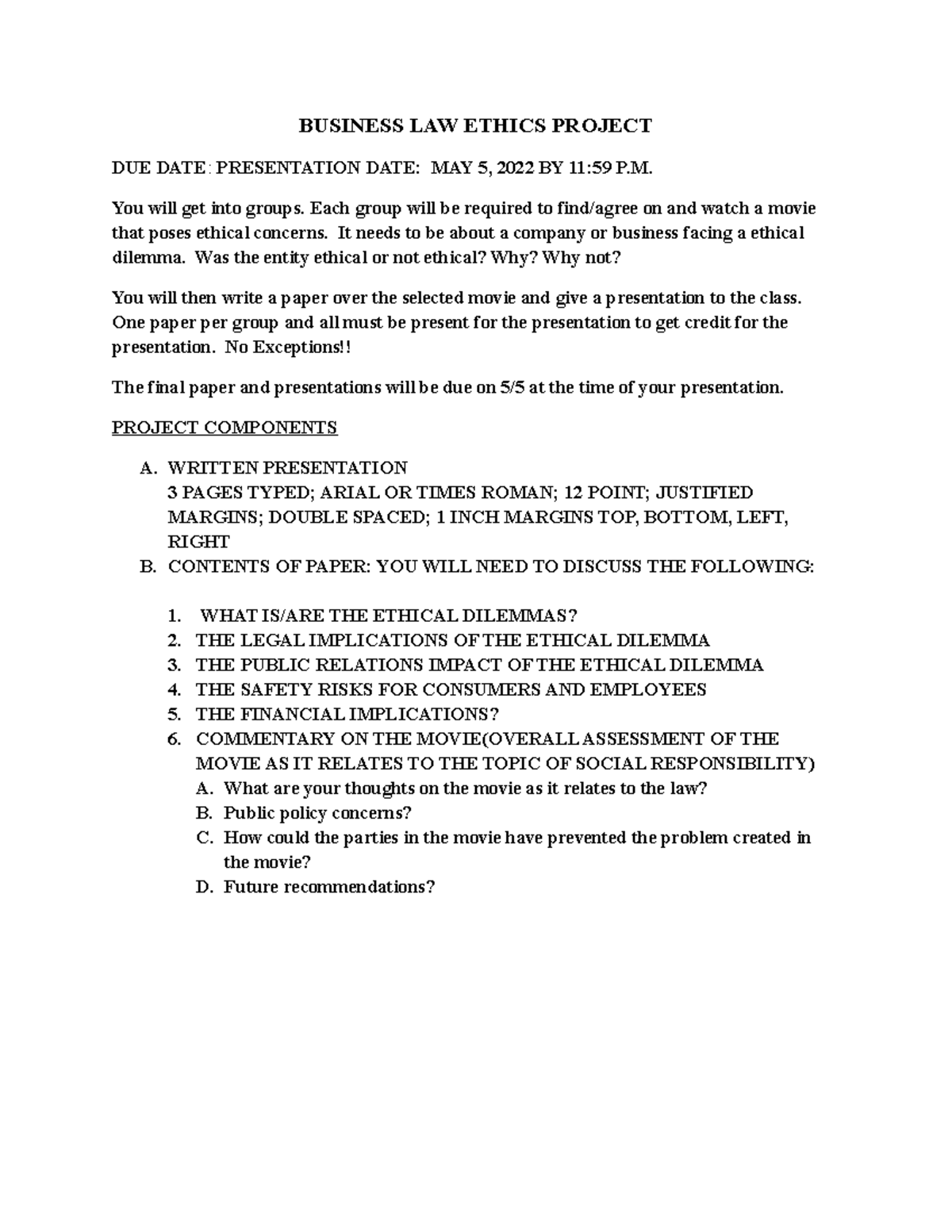 Business LAW Ethics Project - BUSINESS LAW ETHICS PROJECT DUE DATE ...