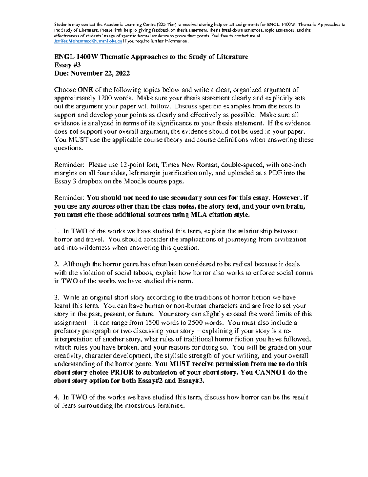 Essay 3 Horror Questions - Students may contact the Academic Learning ...