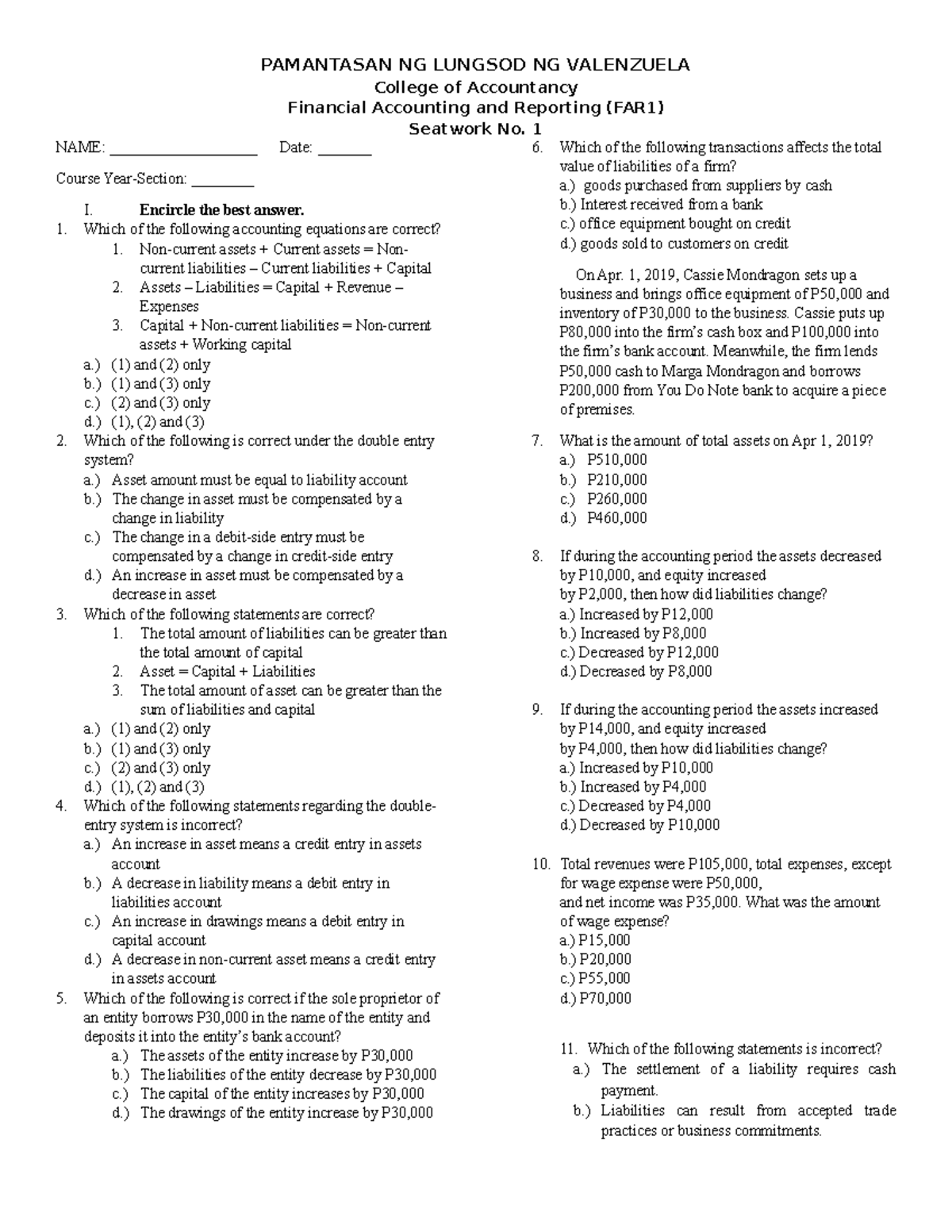 Accounting Equation-exercises - BSAccountancy - Studocu