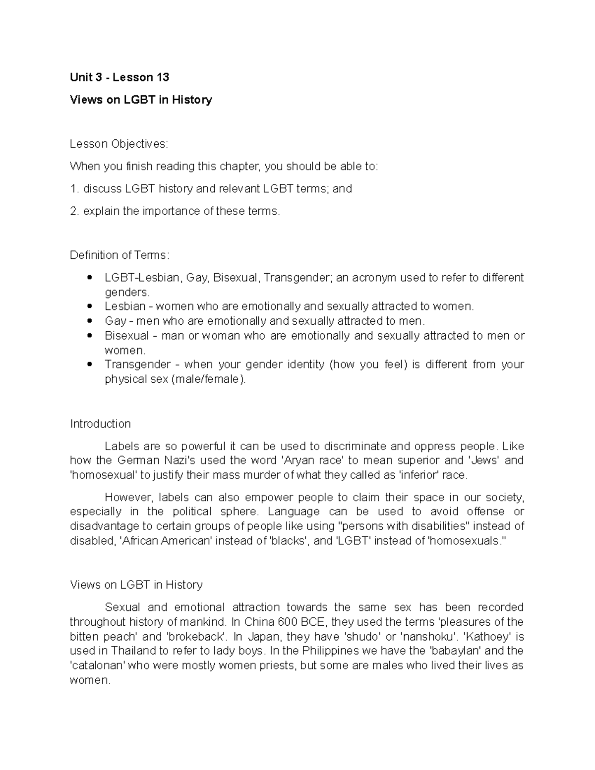 Views on LGBT in History - Unit 3 - Lesson 13 Views on LGBT in History ...