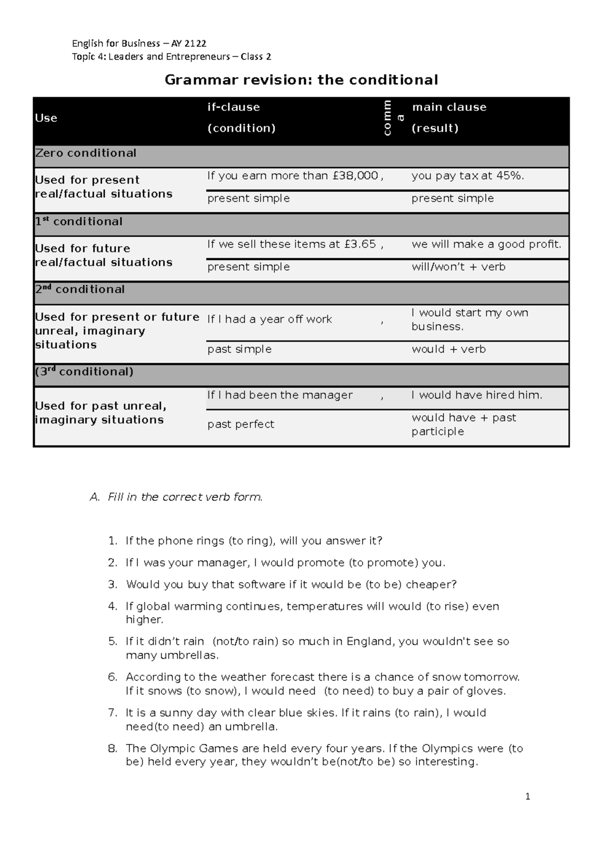 EFB L&E - Class 2 - student handout - English for Business – AY 2122 ...