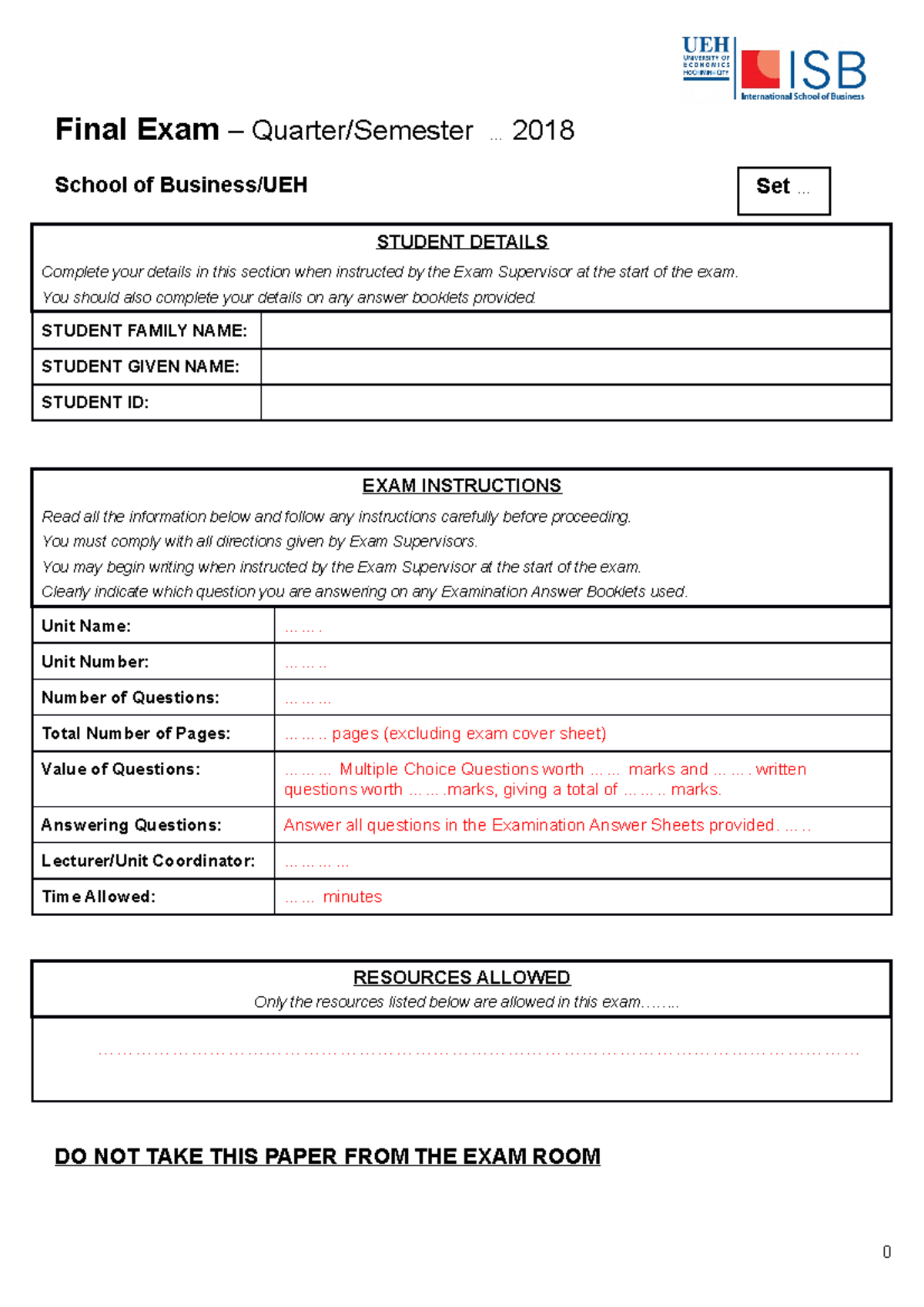 Final Exam Cover page 2018 - Final Exam – Quarter/Semester ... 2018 ...