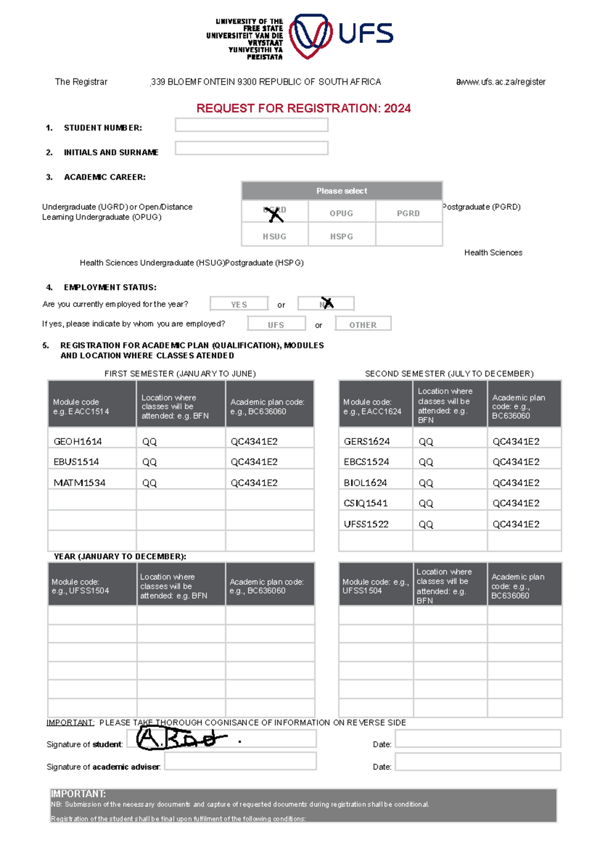UFS - Request for Registration 2024 - FORM Online submission - The ...