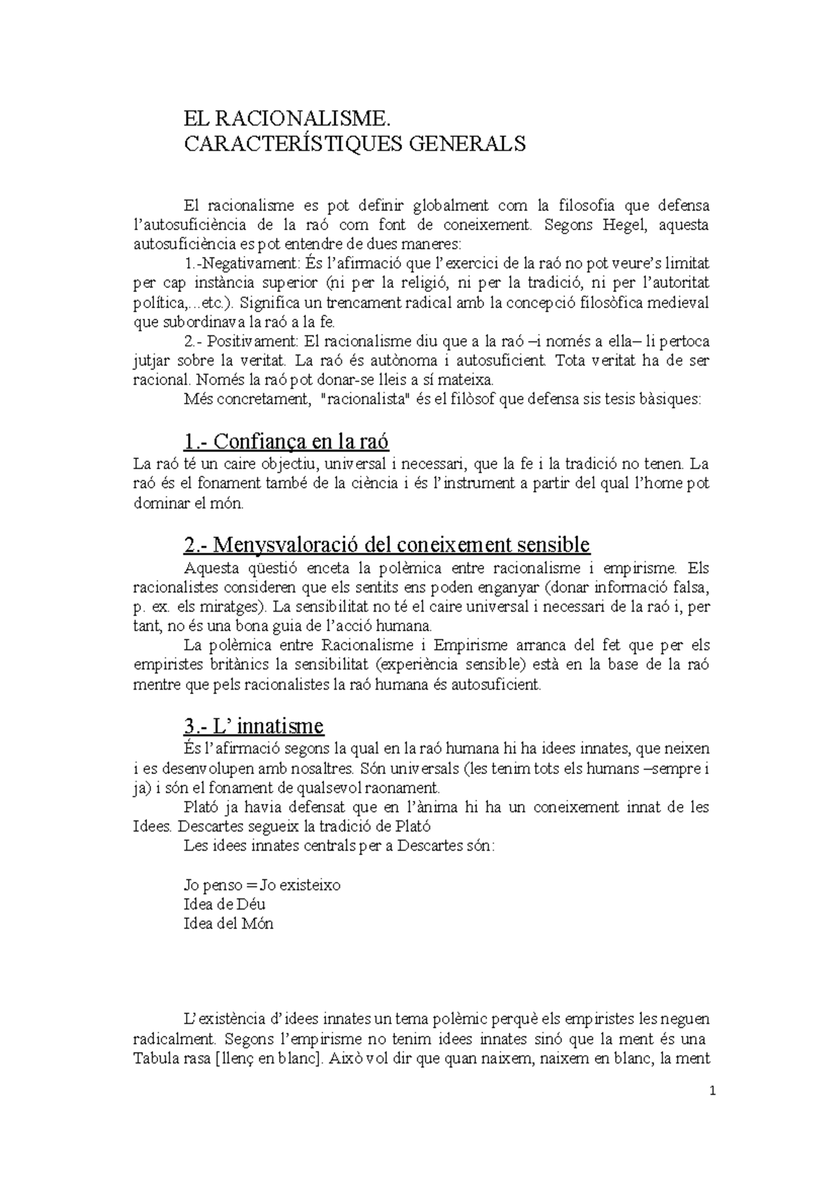 EL Racionalisme. Caracterisitques generals explicació i exemples ...