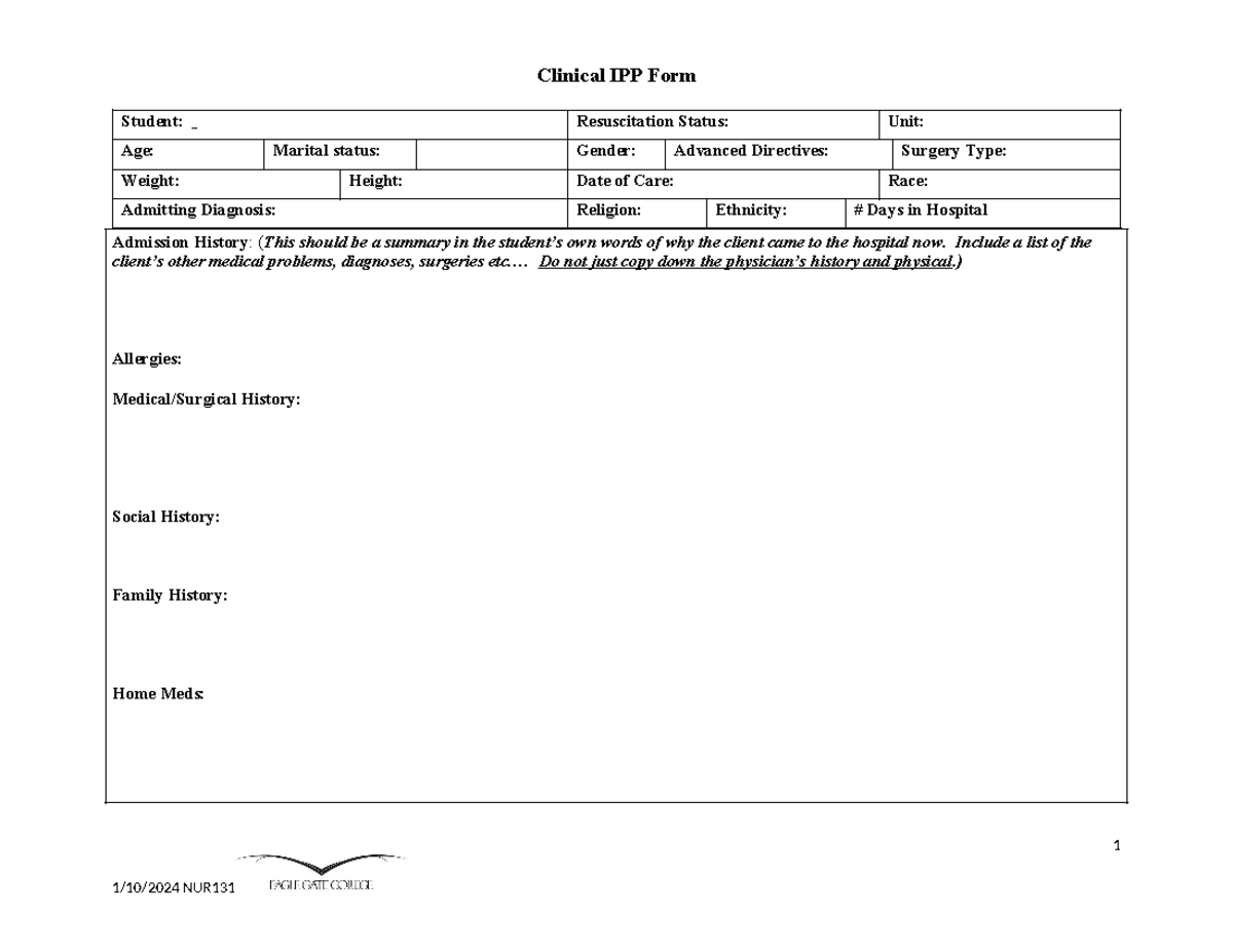 Long IPP NUR131 - .... - Clinical IPP Form Student: Resuscitation ...