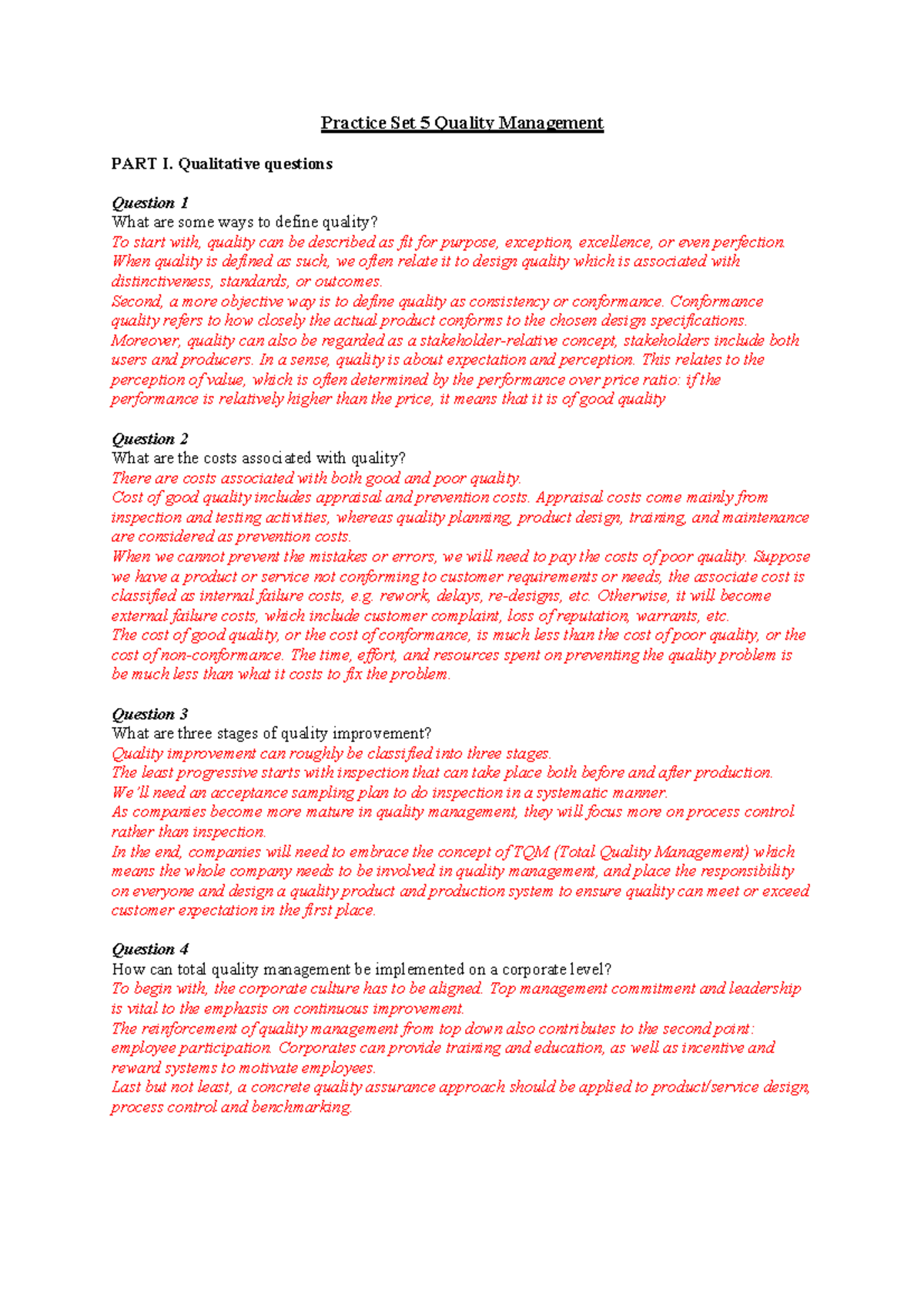 Practice Set #5 Quality Management Ans - Practice Set 5 Quality ...