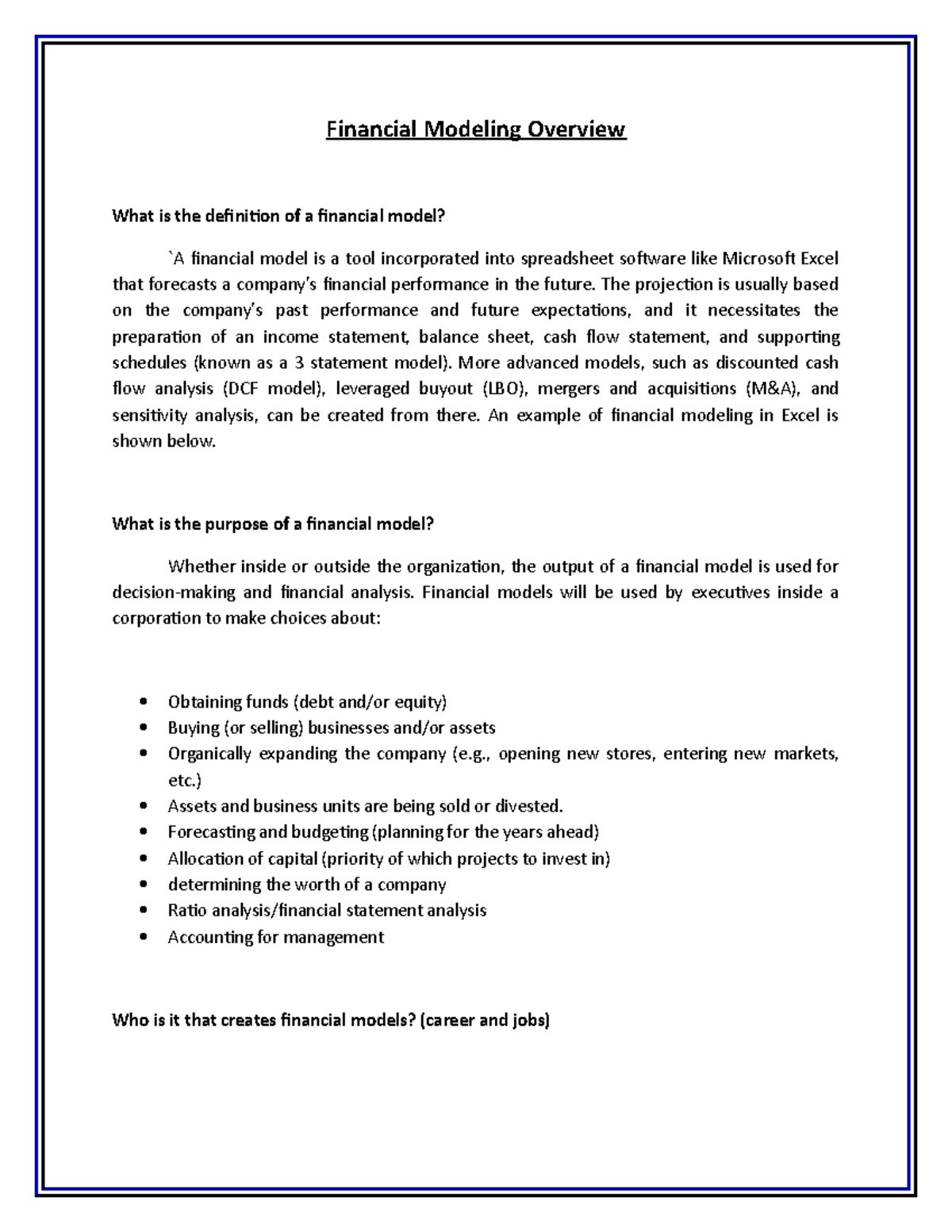 Financial Modeling Overview - The projection is usually based on the ...