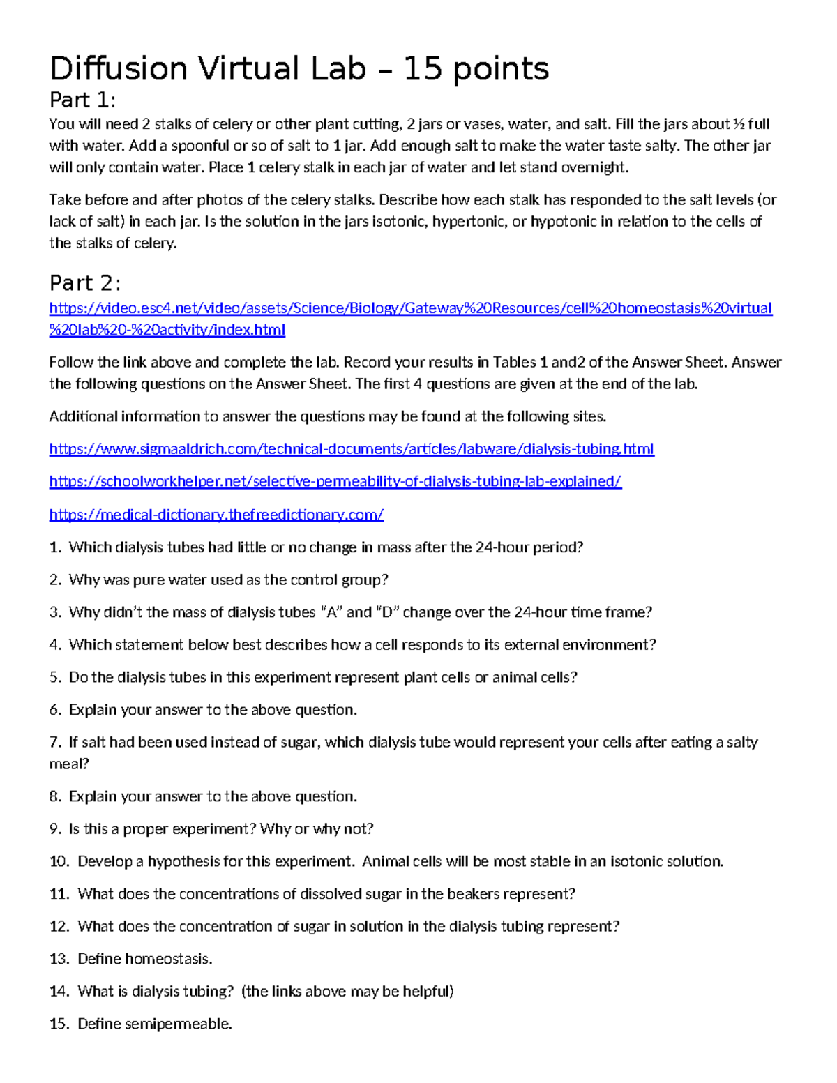 Lab 5 Diffusion Lab Assignment 1 Diffusion Virtual Lab 15 Points Part 1 You Will Need 2