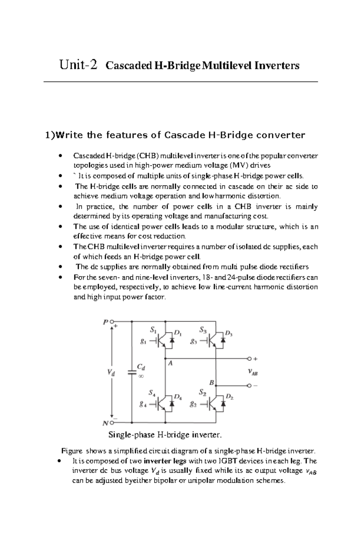 UNIT-2 CHB - Unit- 2 Cascaded H-Bridge Multilevel Inverters 1)Write the ...