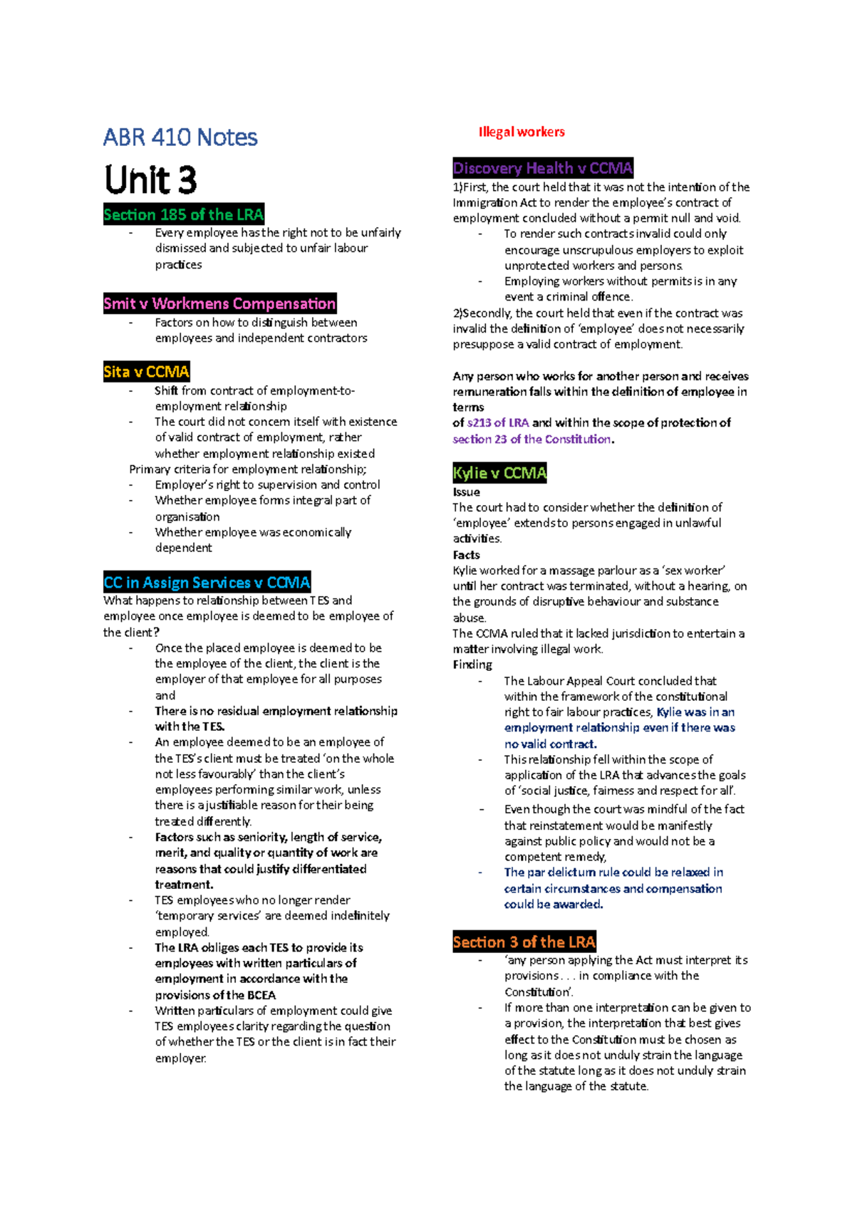 ABR 410 - Cases and Legislation - ABR 410 Notes Unit 3 Section 185 of ...