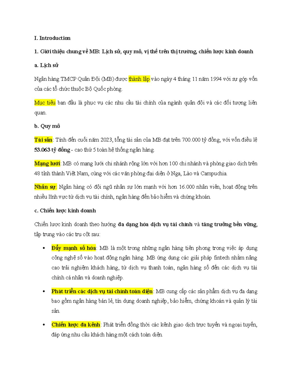 NHTM - test - I. Introduction Giới thiệu chung về MB: Lịch sử, quy mô ...