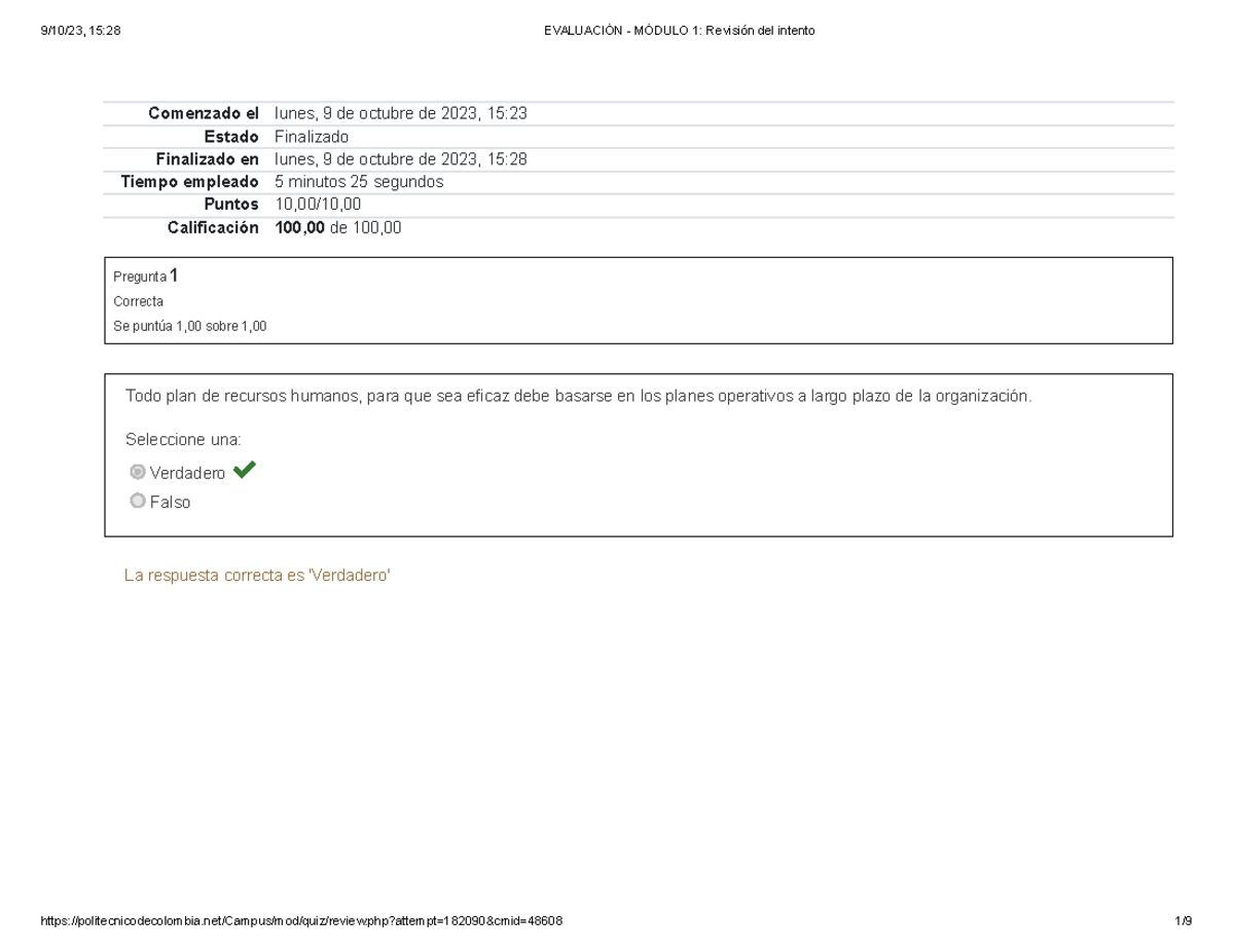 Evaluación - Módulo 1 Revisión del intento - Comenzado el lunes, 9 de ...