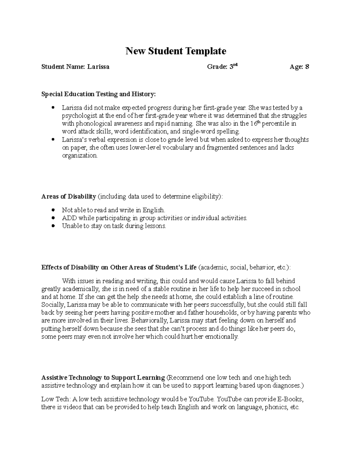 SPD 200 week 6 - New Student Template - New Student Template Student Name: Larissa Grade: 3rd ...