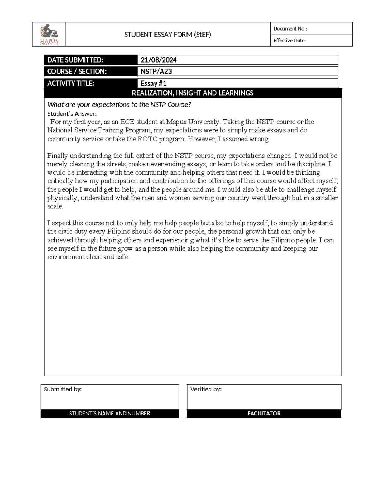 01 NSTP001 St EF Mapua NSTP - STUDENT ESSAY FORM (StEF) Document No ...