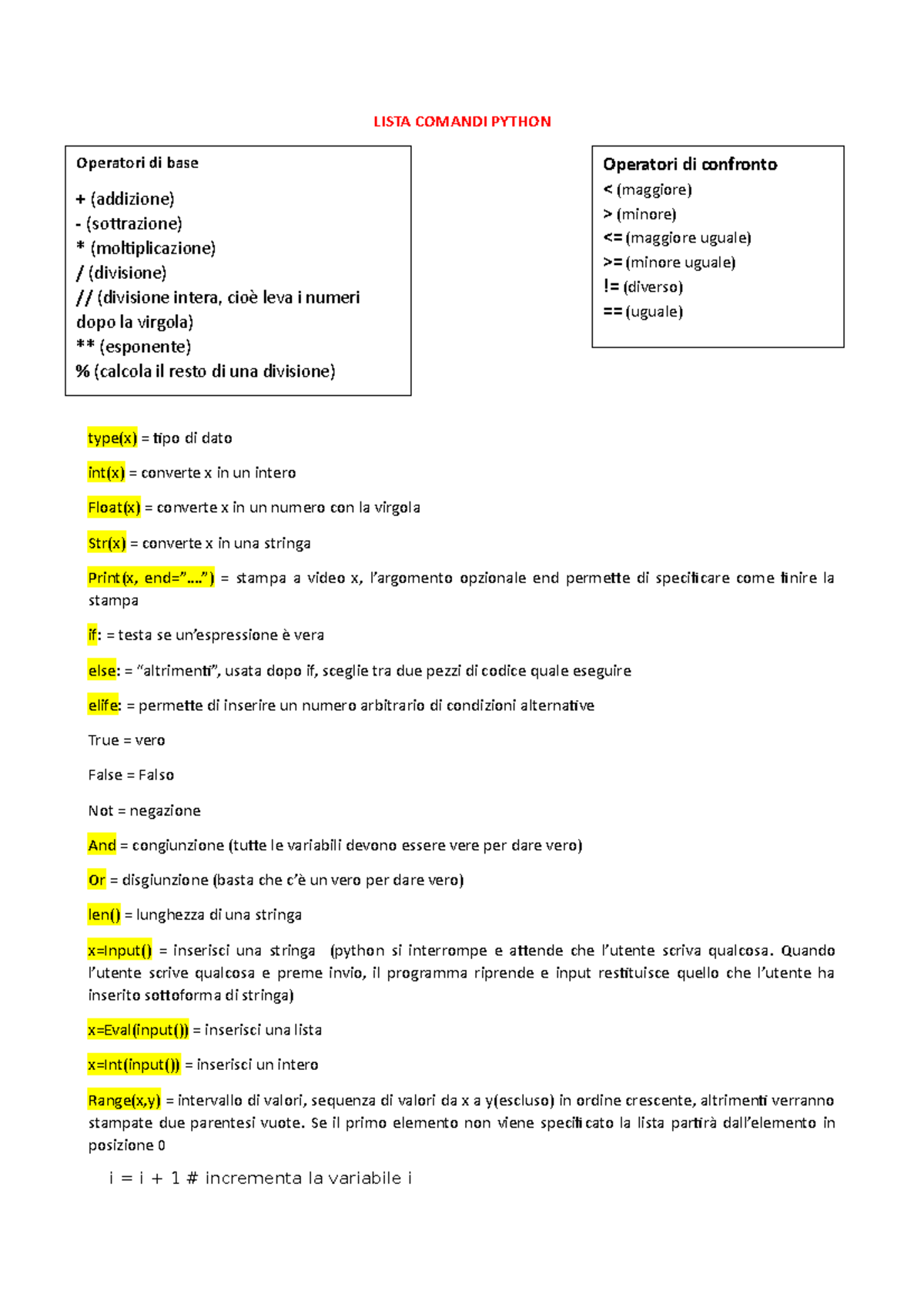Formulario informatica - LISTA COMANDI PYTHON type(x) = tipo di dato ...