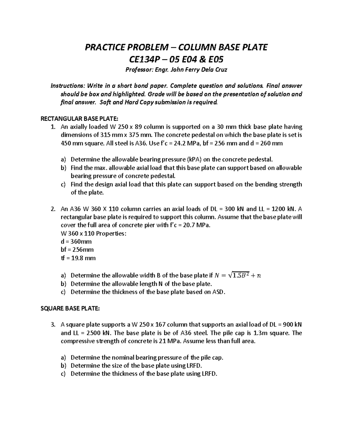Practice Problem - Column BASE Plate - PRACTICE PROBLEM – COLUMN BASE PLATE CE134P – 05 E04 & E ...