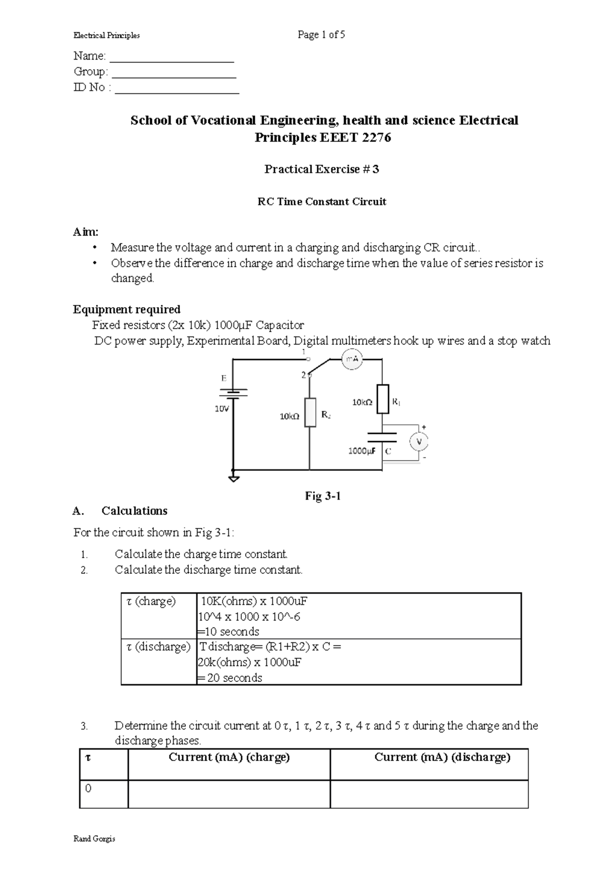 Laboratory electrical principles - Name: ____________________ Group