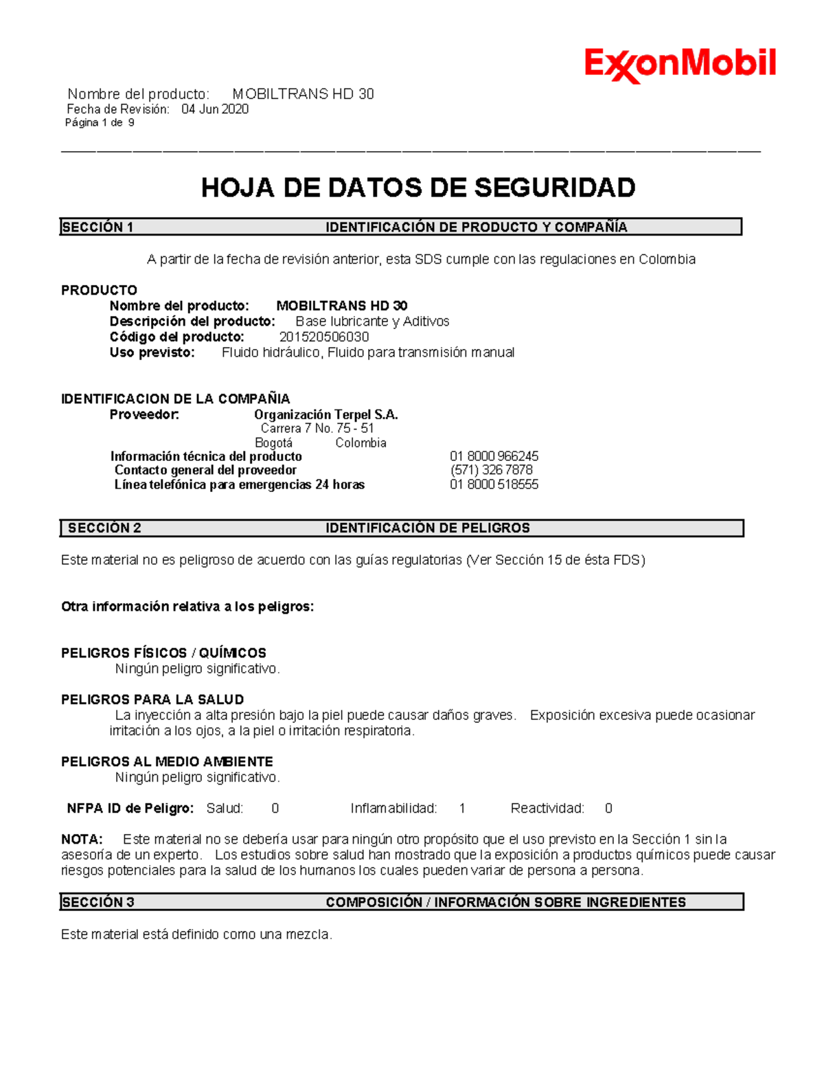 Aceite Lubricante Mobil HD30 - Fecha de Revisión: 04 Jun 2020 Página 1 ...