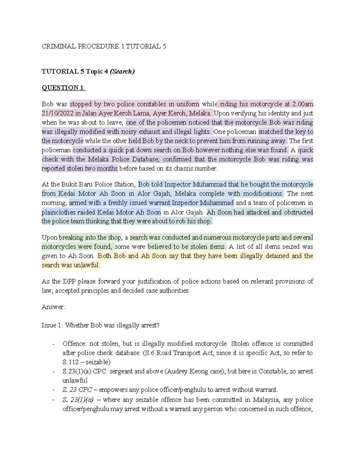 Criminal Procedure 1 Tutorial 5 - CRIMINAL PROCEDURE 1 TUTORIAL 5 TUTORIAL 5 Topic 4 (Search ...