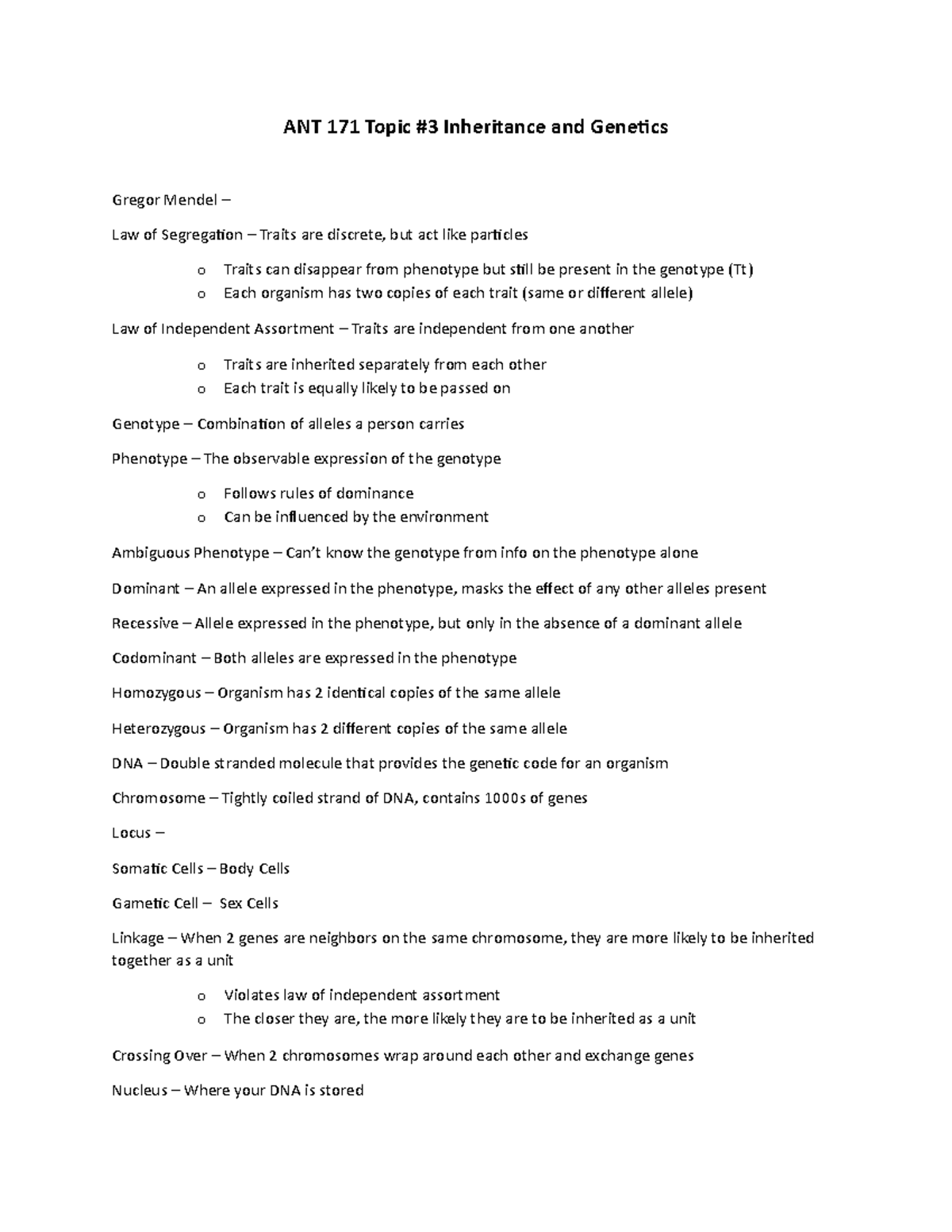 Topic #3 Inheritance and Genetics Study Guide - ANT 171 Topic ...