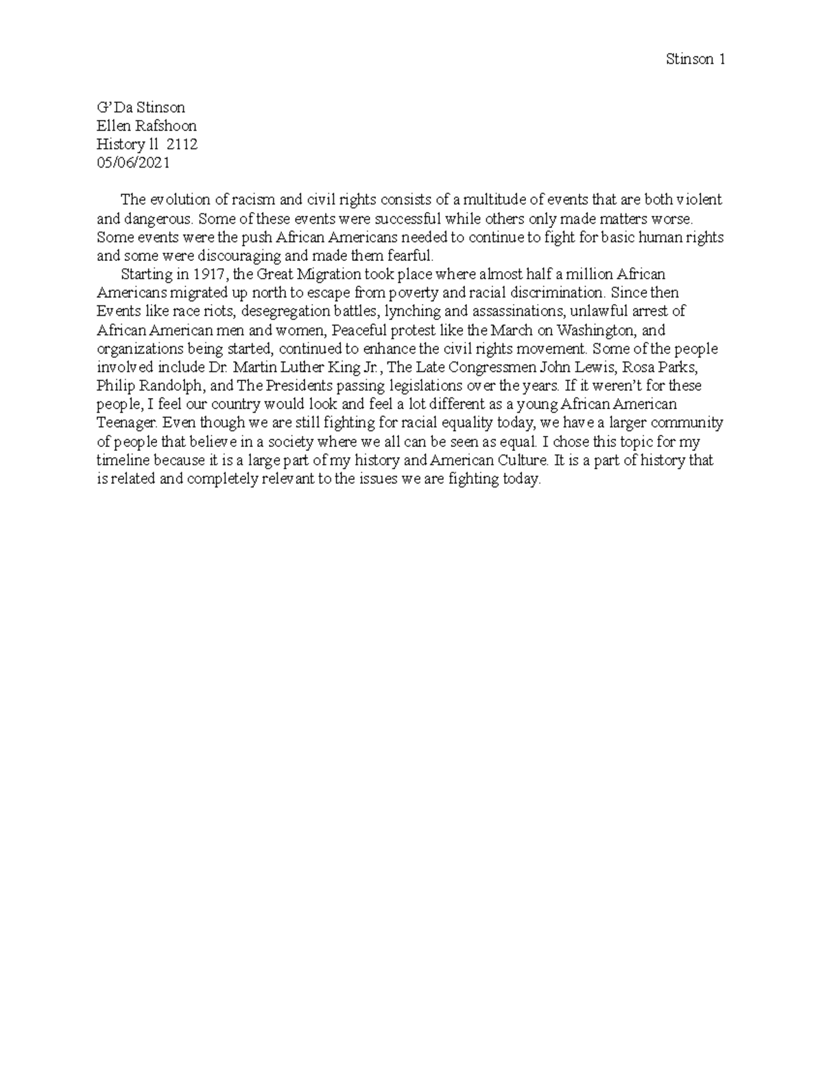 American Culture - Stinson 1 G’Da Stinson Ellen Rafshoon History ll ...