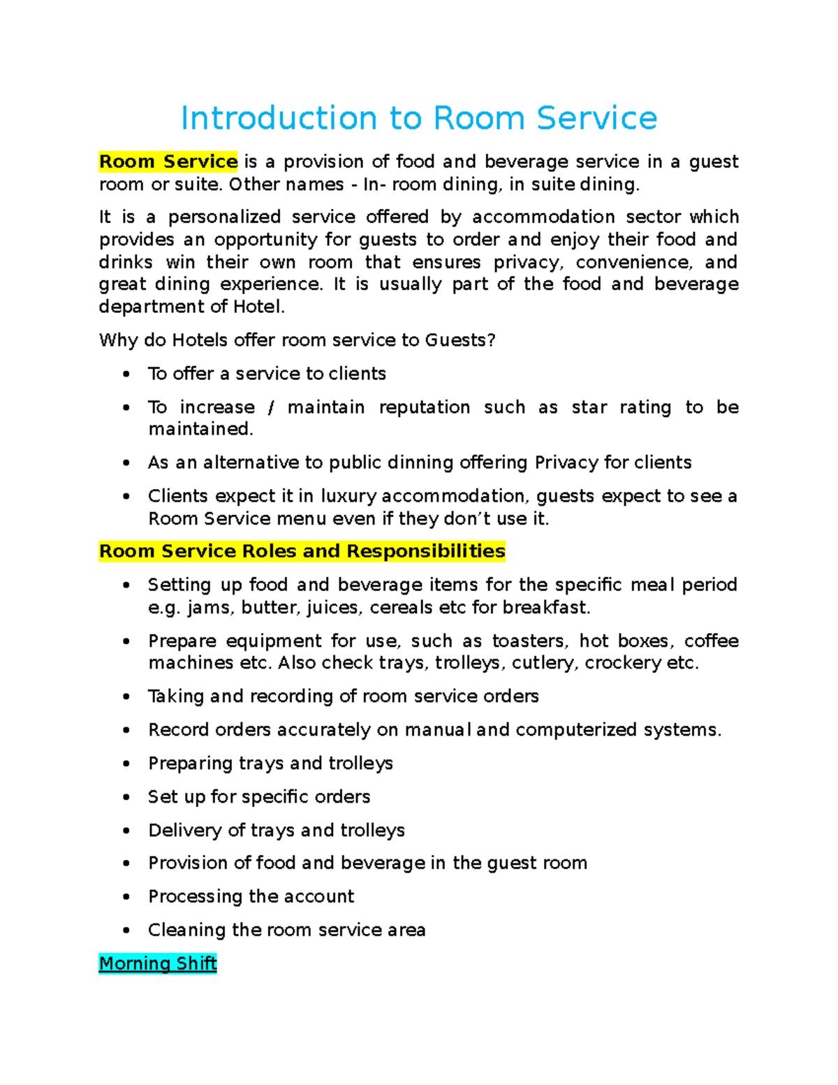 Introduction to Room Service - Food and Beverage Services - Studocu