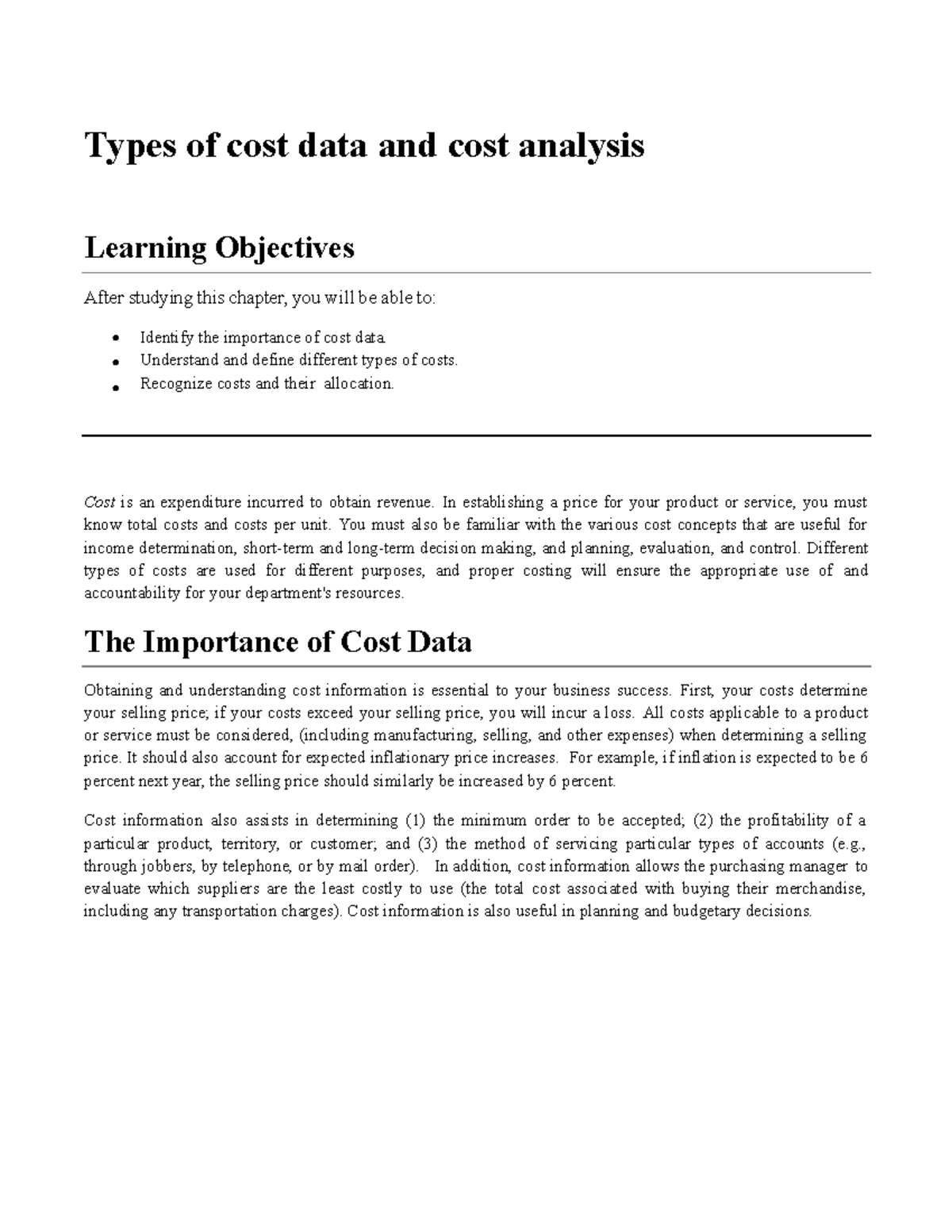 Types of cost data and cost analysis - Types of cost data and cost ...
