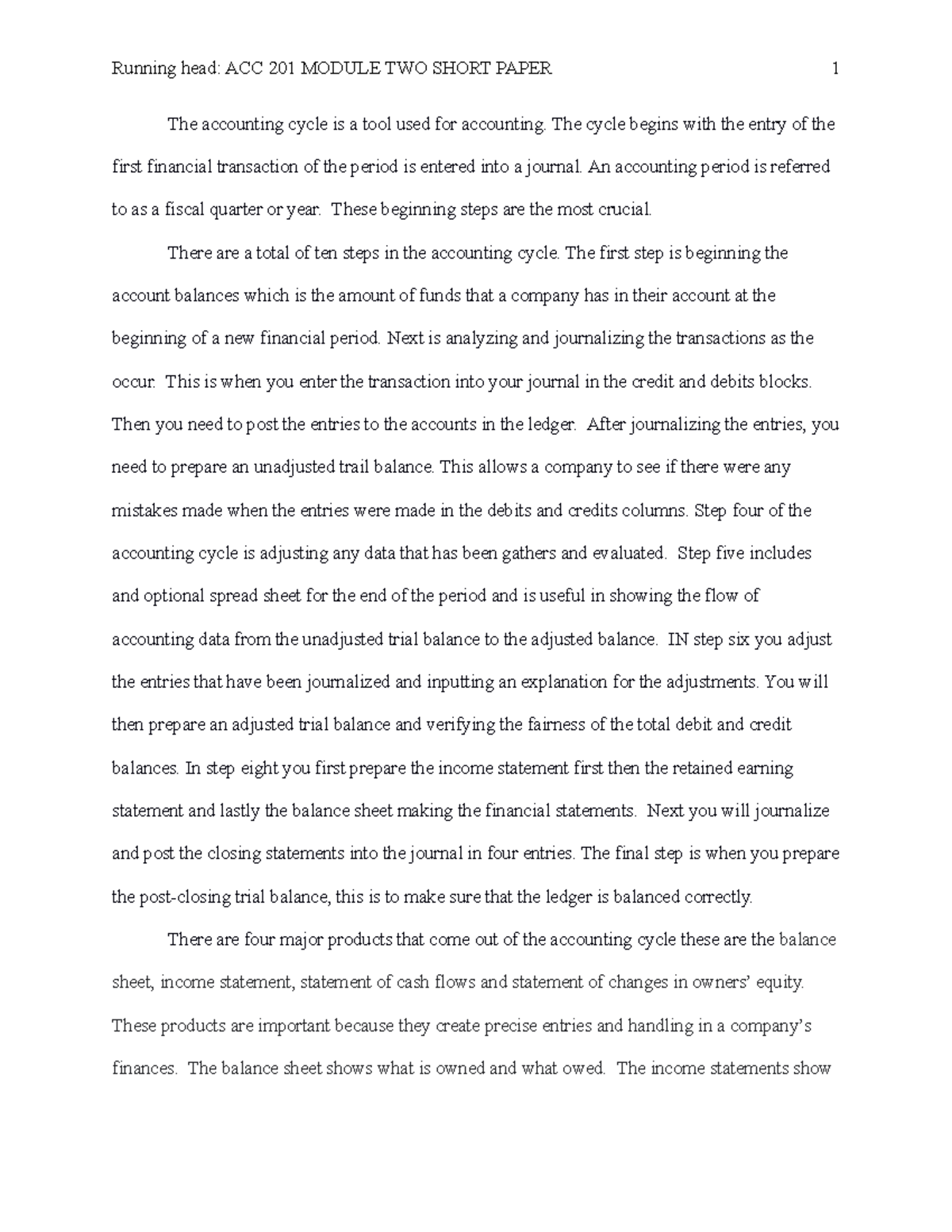 ACC 201 Module Two Short Paper - Running head: ACC 201 MODULE TWO SHORT ...