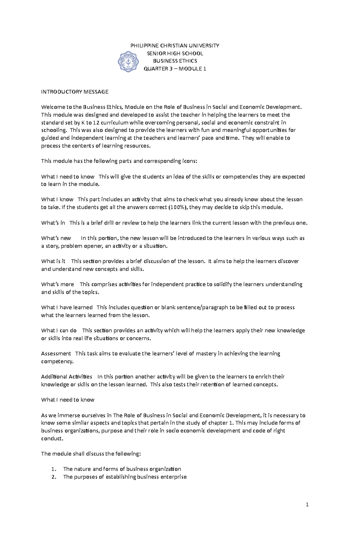 Business Ethics Module 1 - This module was designed and developed to ...