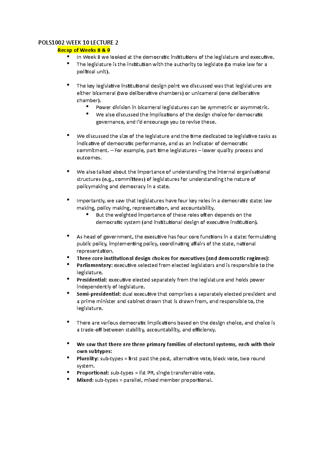 POLS1002 WEEK 10 Lecture 2 - POLS1002 WEEK 10 LECTURE 2 Recap of Weeks ...