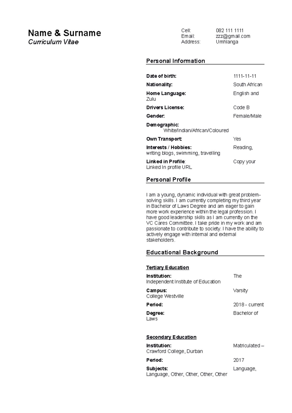 Concise Traditional LLB - Name & Surname Curriculum Vitae Cell: 082 111 ...