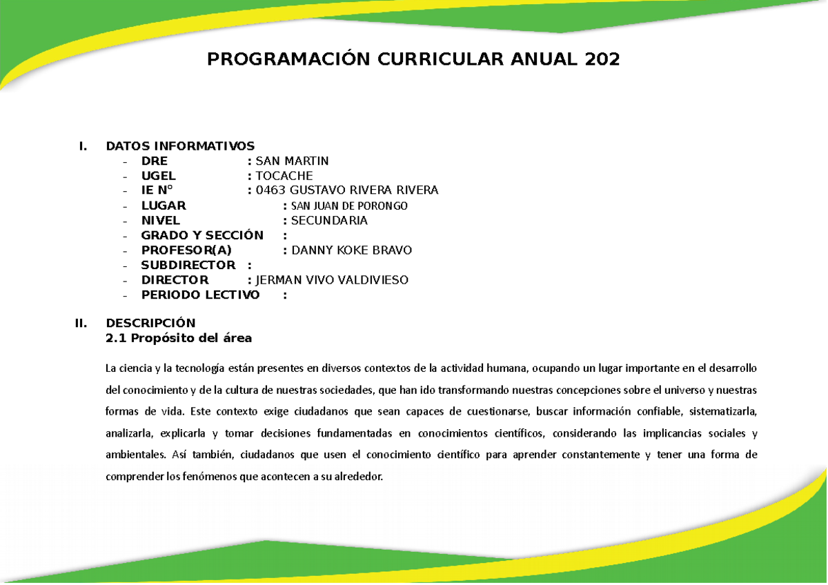 Planificacion Anual VII - PROGRAMACIÓN CURRICULAR ANUAL 202 I. DATOS ...