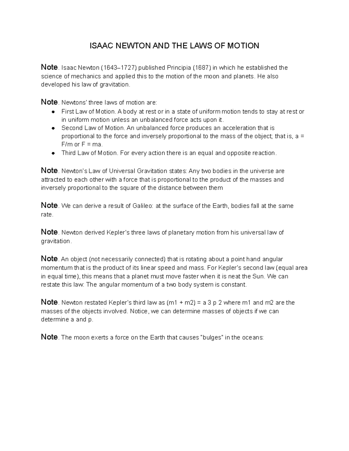Astronomy Chapter 5 Notes Isaac Newton and the Laws of Motion - ISAAC ...