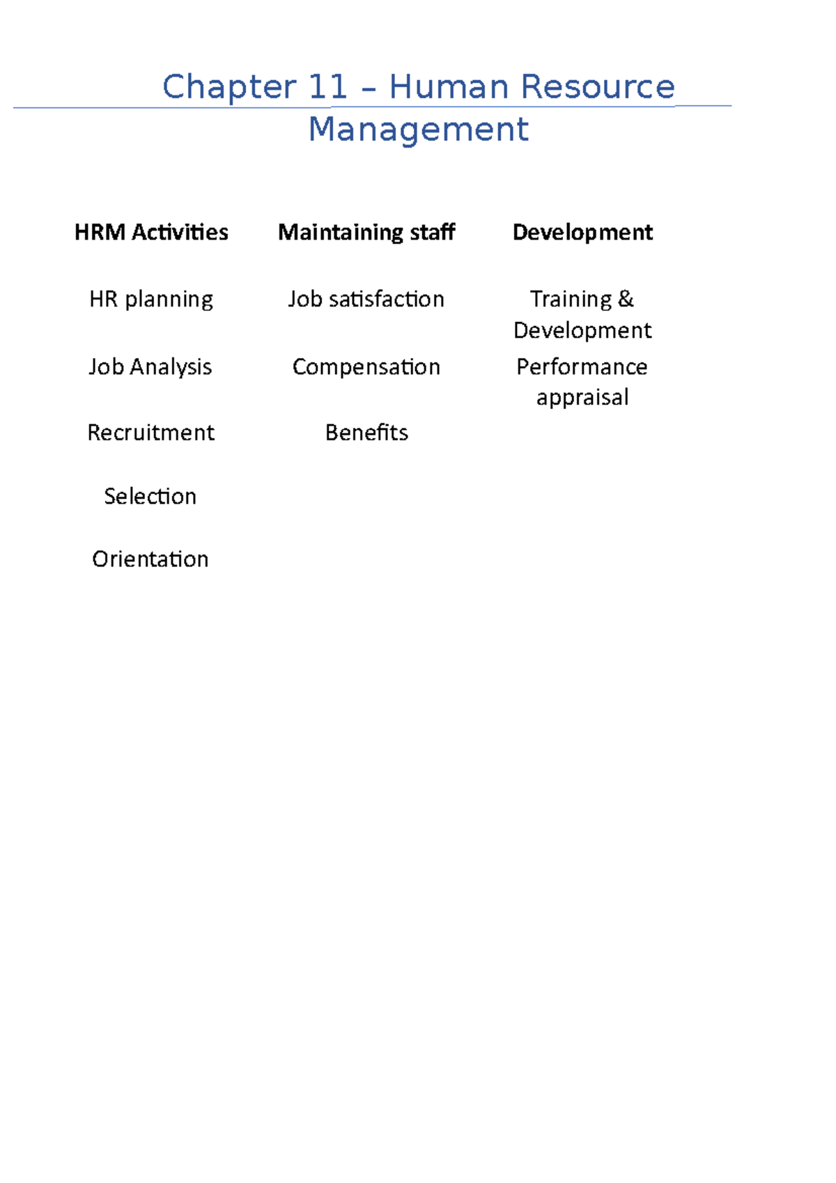 Chapter 11 Summary - Chapter 11 – Human Resource Management HRM Activities Maintaining staff ...