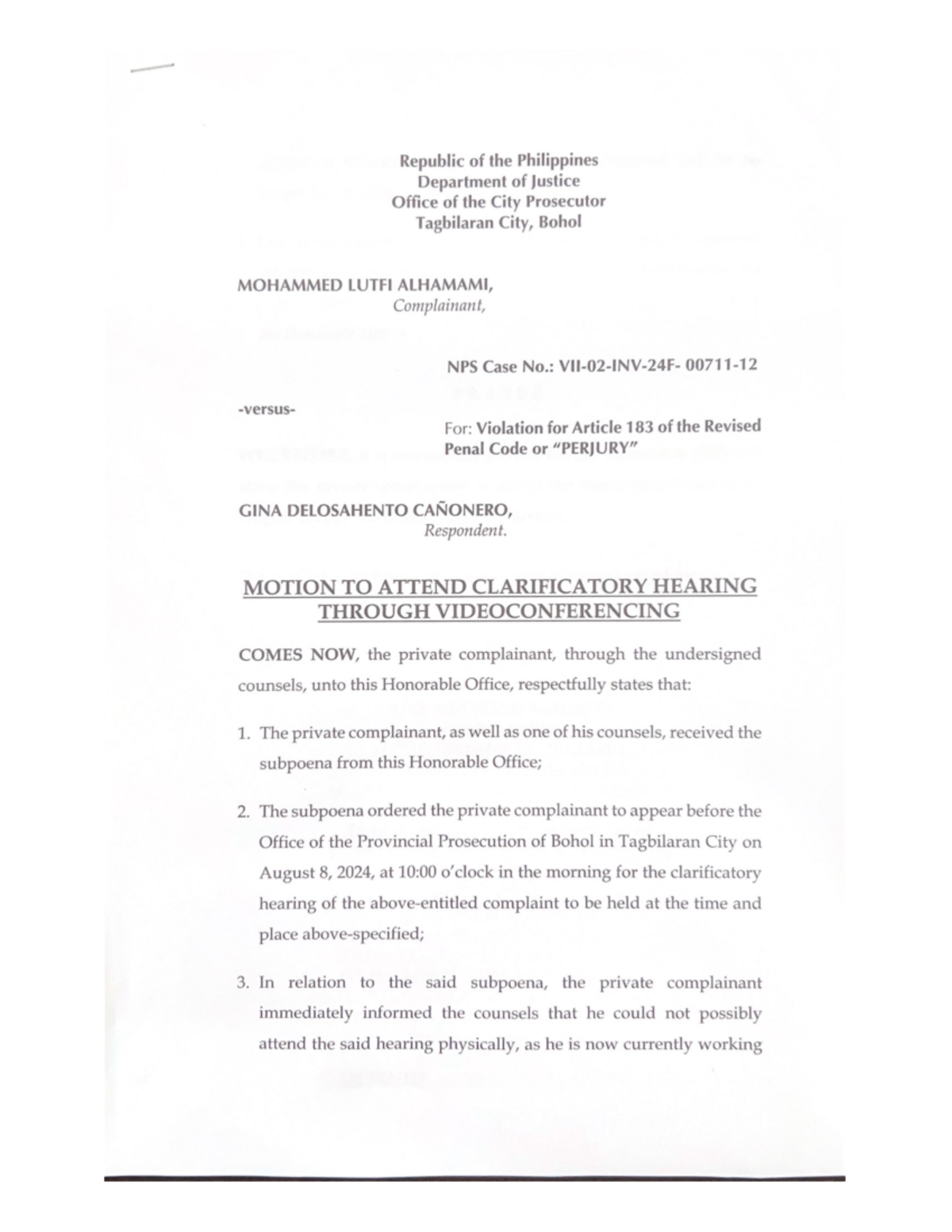Motion to Attend Clarificatory Hearing Through Videoconferencing ...