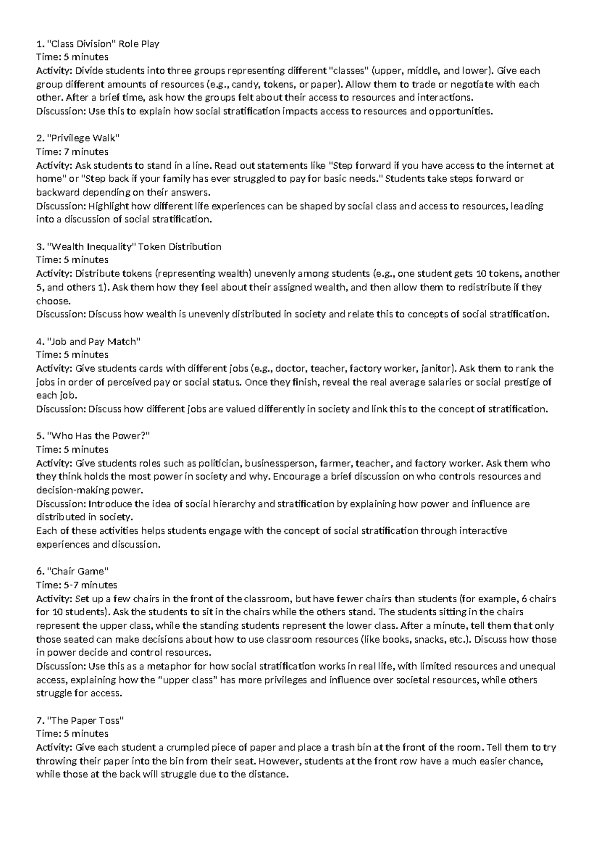 Activities for Strat - "Class Division" Role Play Time: 5 minutes ...
