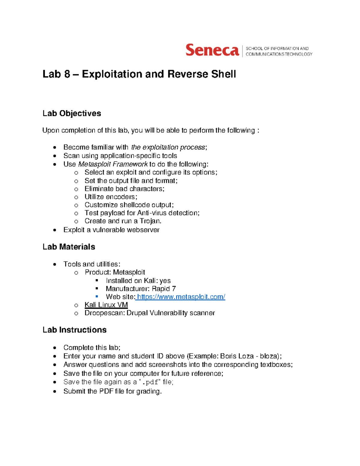CYT130 Lab 8 - Lab 8 document for the execution of the lab 8 - Lab 8 – Exploitation and Reverse ...