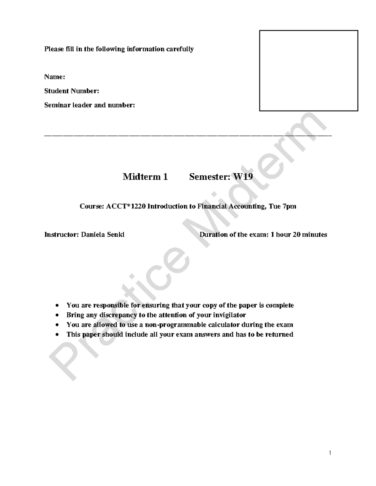 Sample/practice exam 8 February 2019, questions - ACCT 1220 - Warning ...