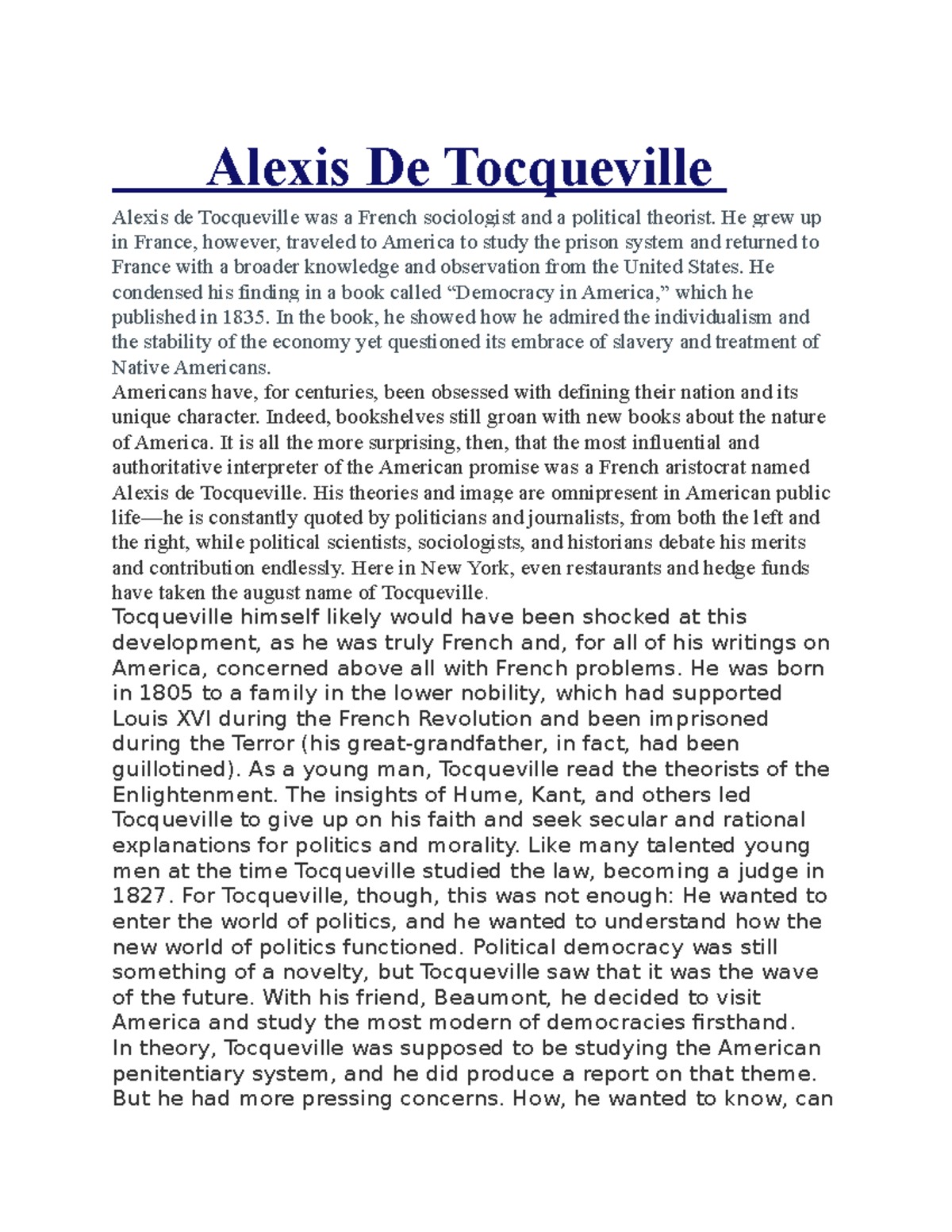 Alexis De Tocqueville - sds,mcklsn - Alexis De Tocqueville Alexis de ...
