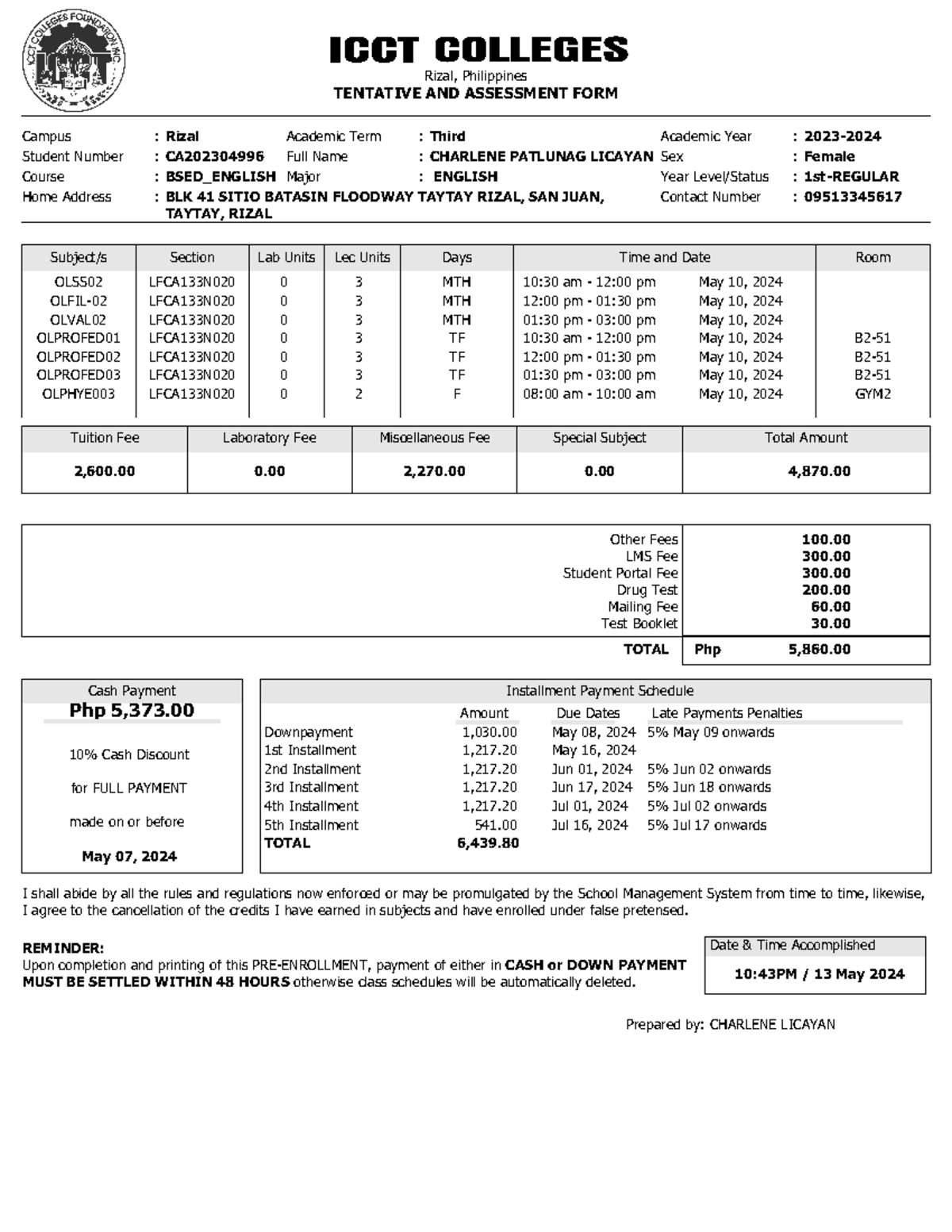 Tentative and Assessment Form - Rizal, Philippines TENTATIVE AND ...