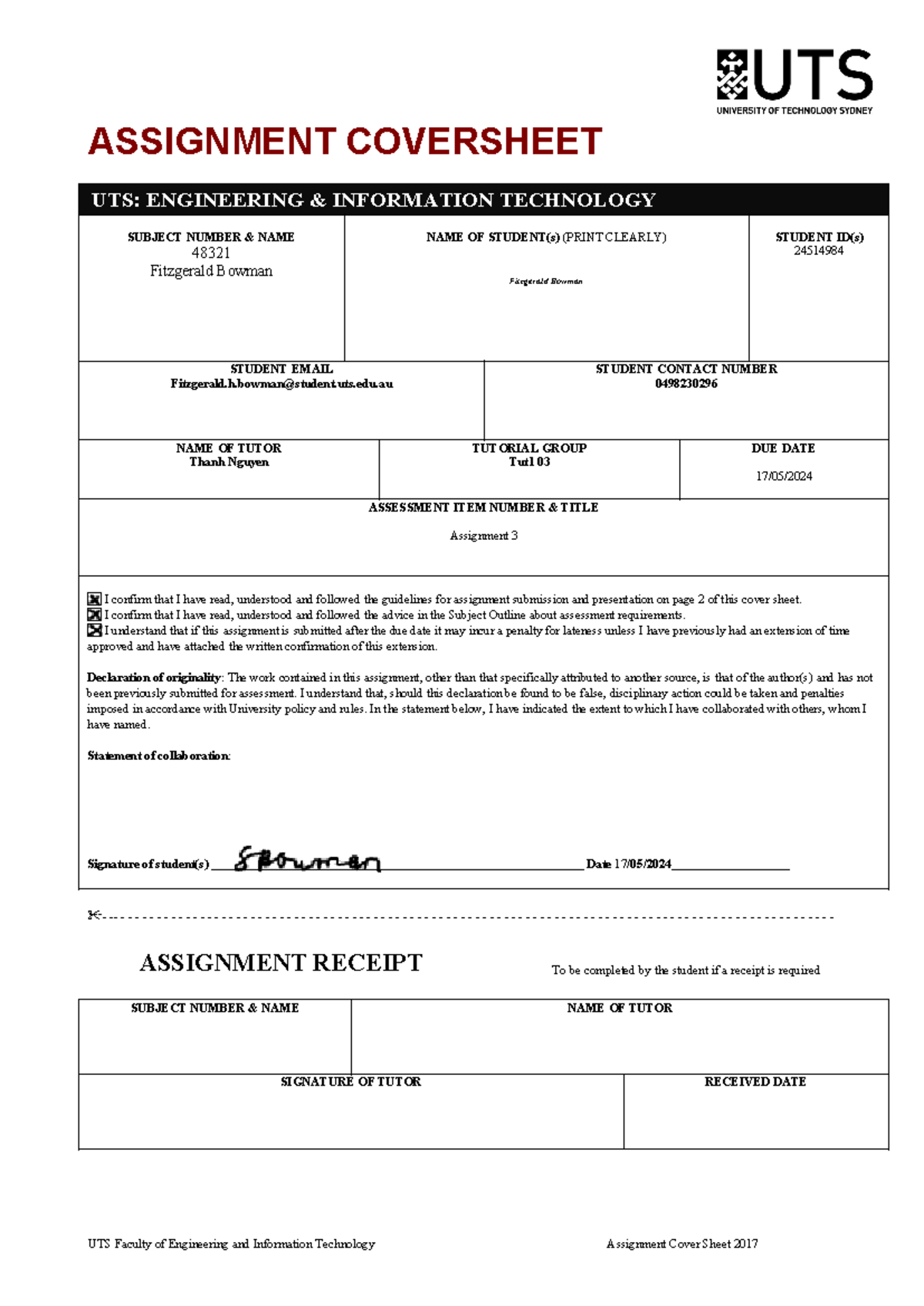 Assignment 3 - ASSIGNMENT COVERSHEET UTS: ENGINEERING & INFORMATION ...