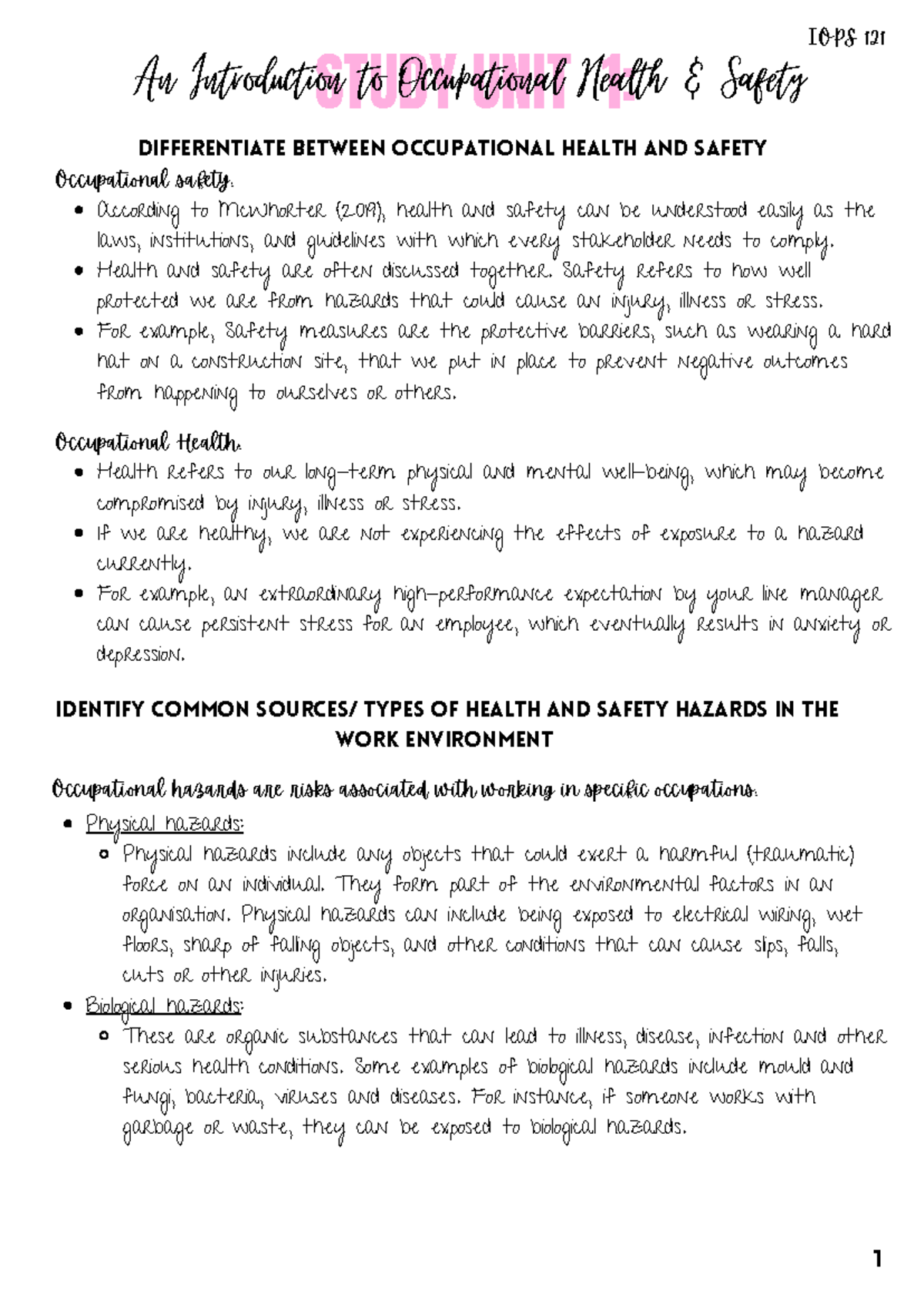 IOPS 121 - Notes - STUDY UNIT 1: An Introduction to Occupational Health ...