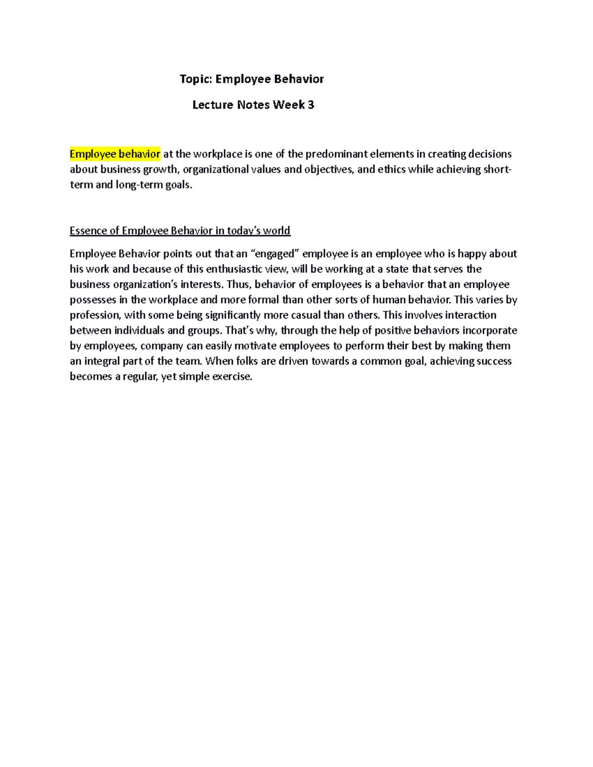 Employee Behavior - Topic: Employee Behavior Lecture Notes Week 3 ...