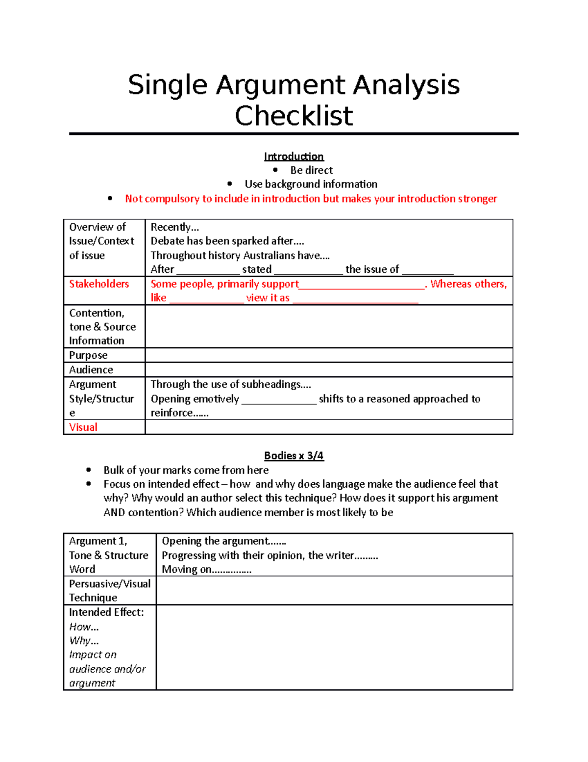 Single Argument Analysis Checklist - Single Argument Analysis Checklist ...