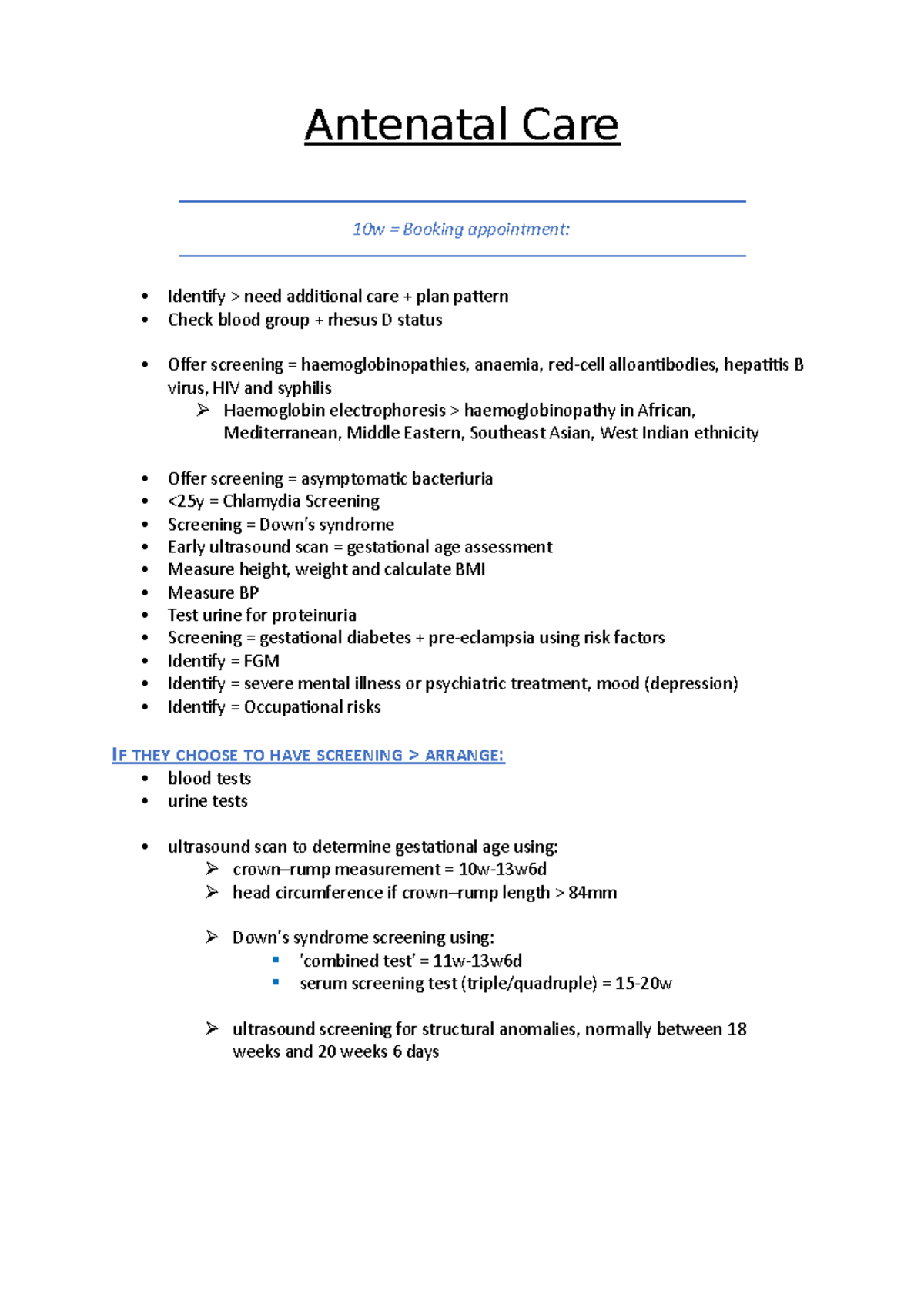 Answers - Summary - Antenatal Care - 2 - Antenatal Care 10w = Booking ...