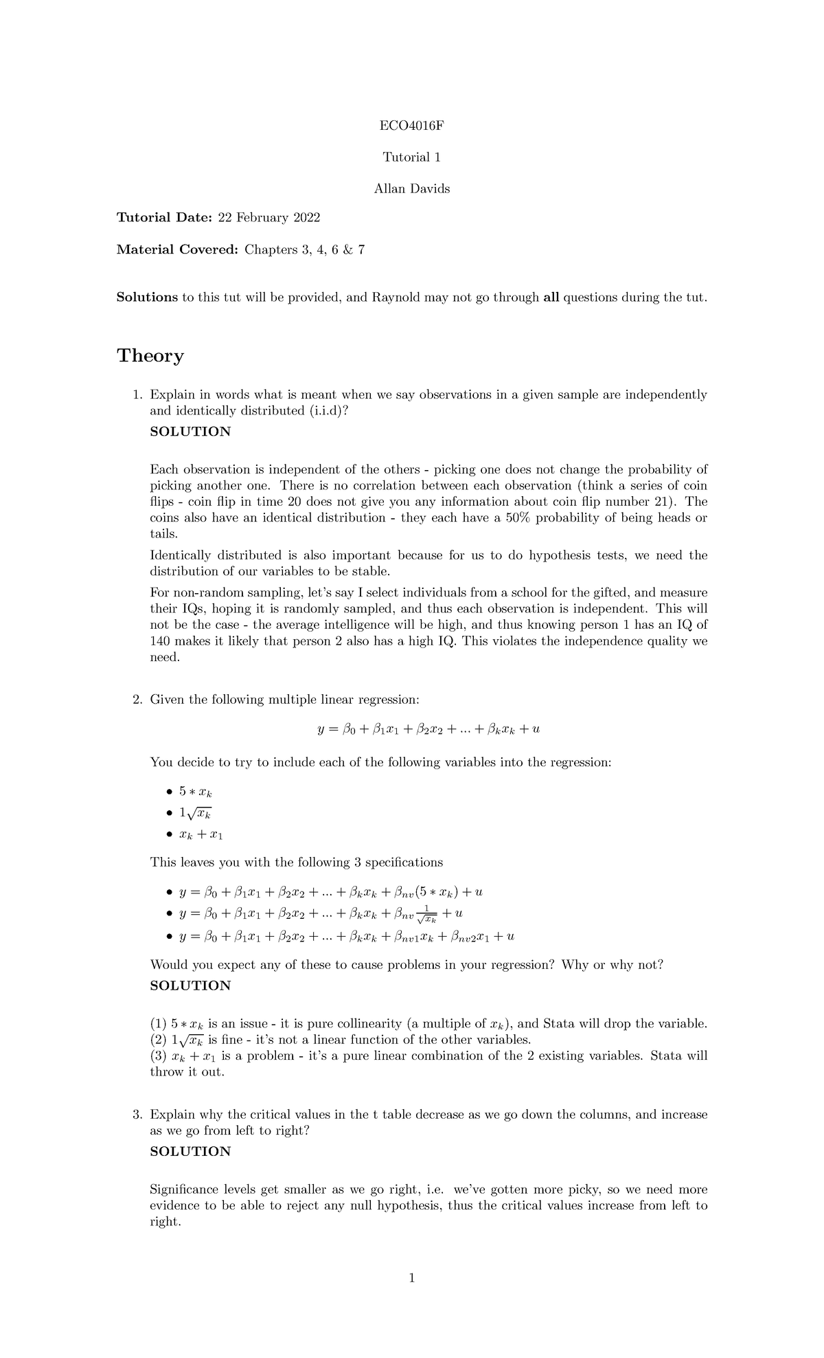 Tutorial 1 Solutions - ECO4016F Tutorial 1 Allan Davids Tutorial Date ...