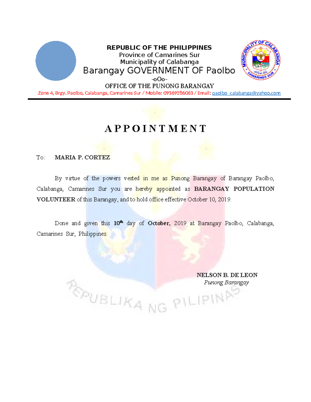 A P P O I N T M E N T maria p cortez barangay population volunteer - A ...